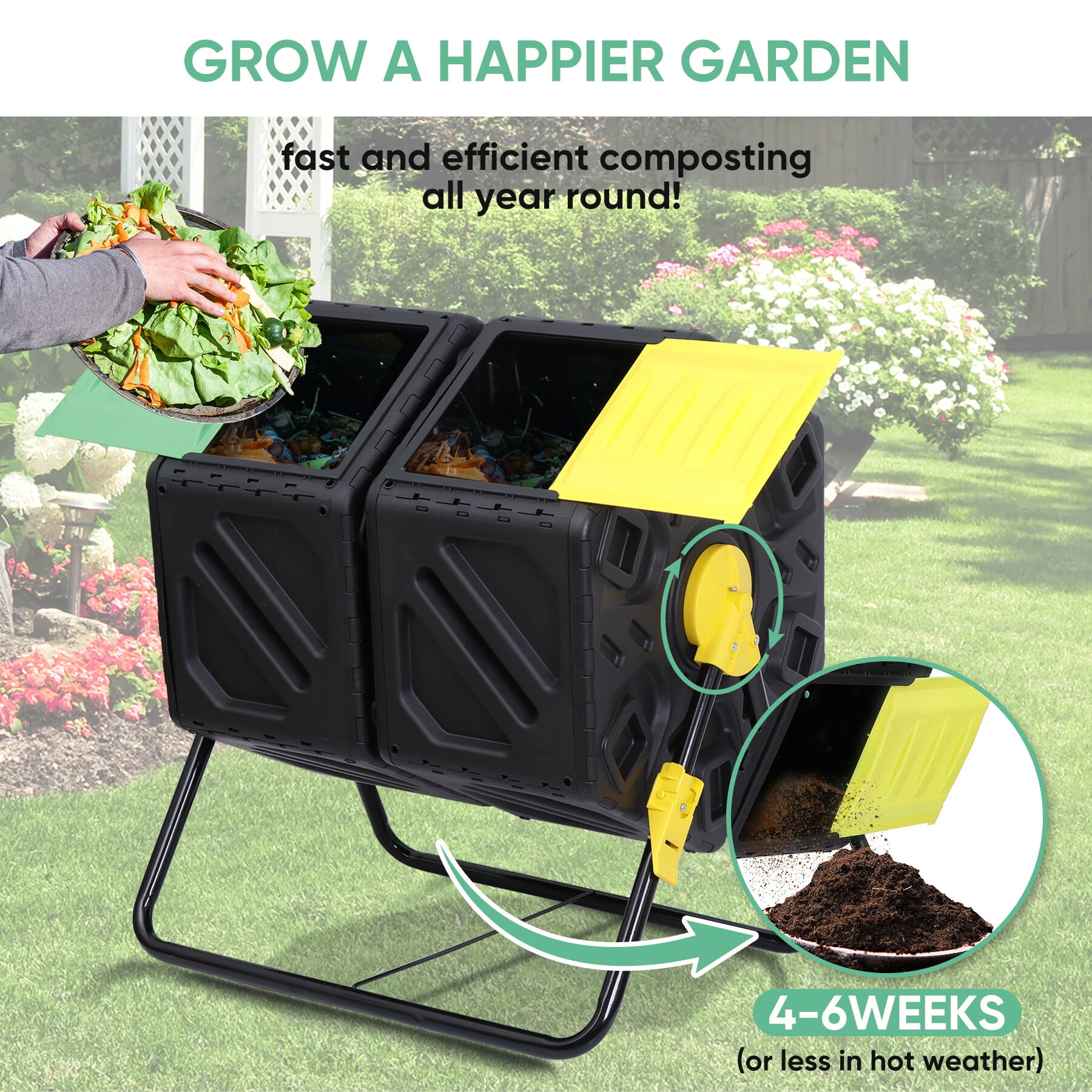 HomGarden 37Gal BPA-Free Compost Container with Dual Chamber and Steel ...