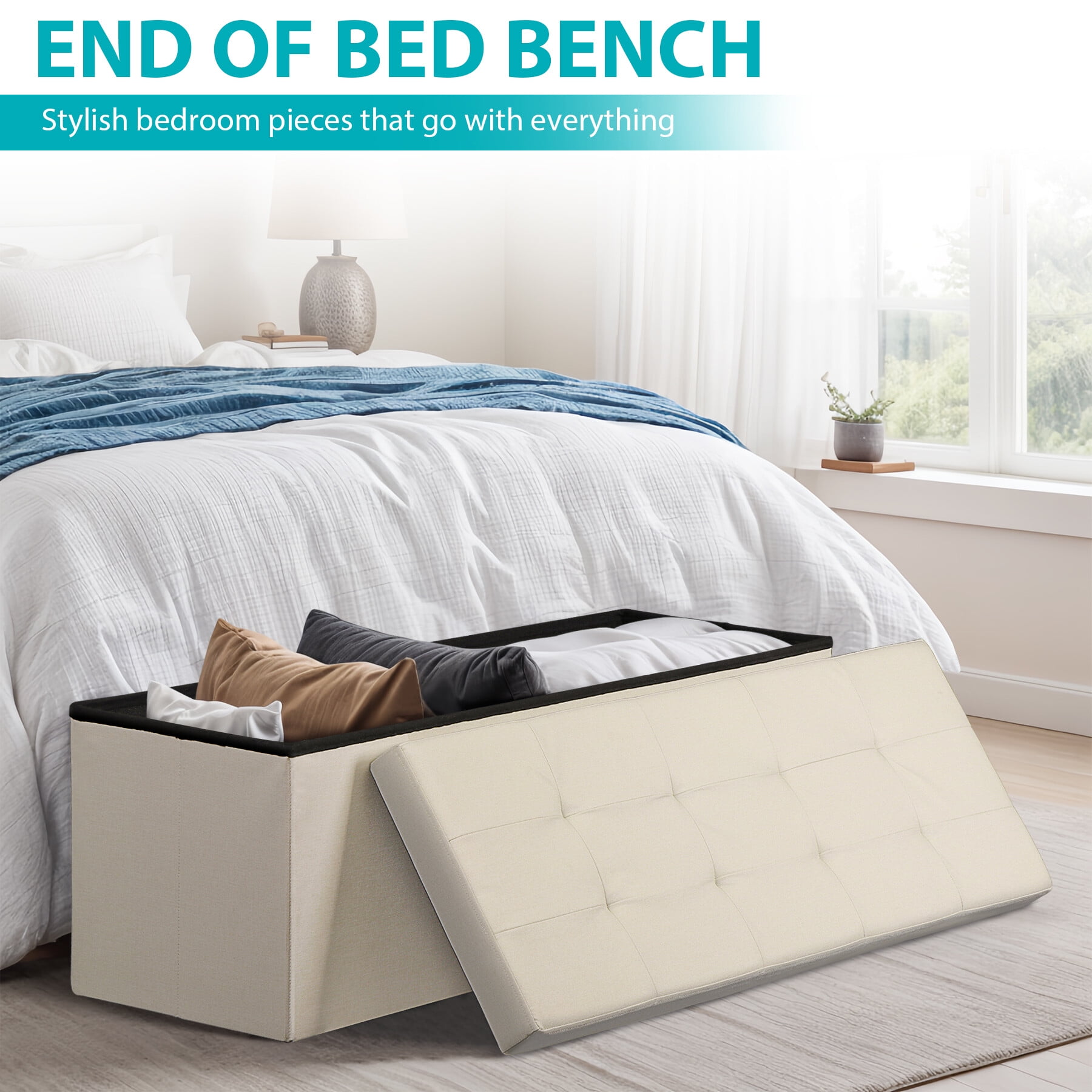 "HomGarden 43.5"" Linen Storage Ottoman Bench Foldable Footrest Stool ...