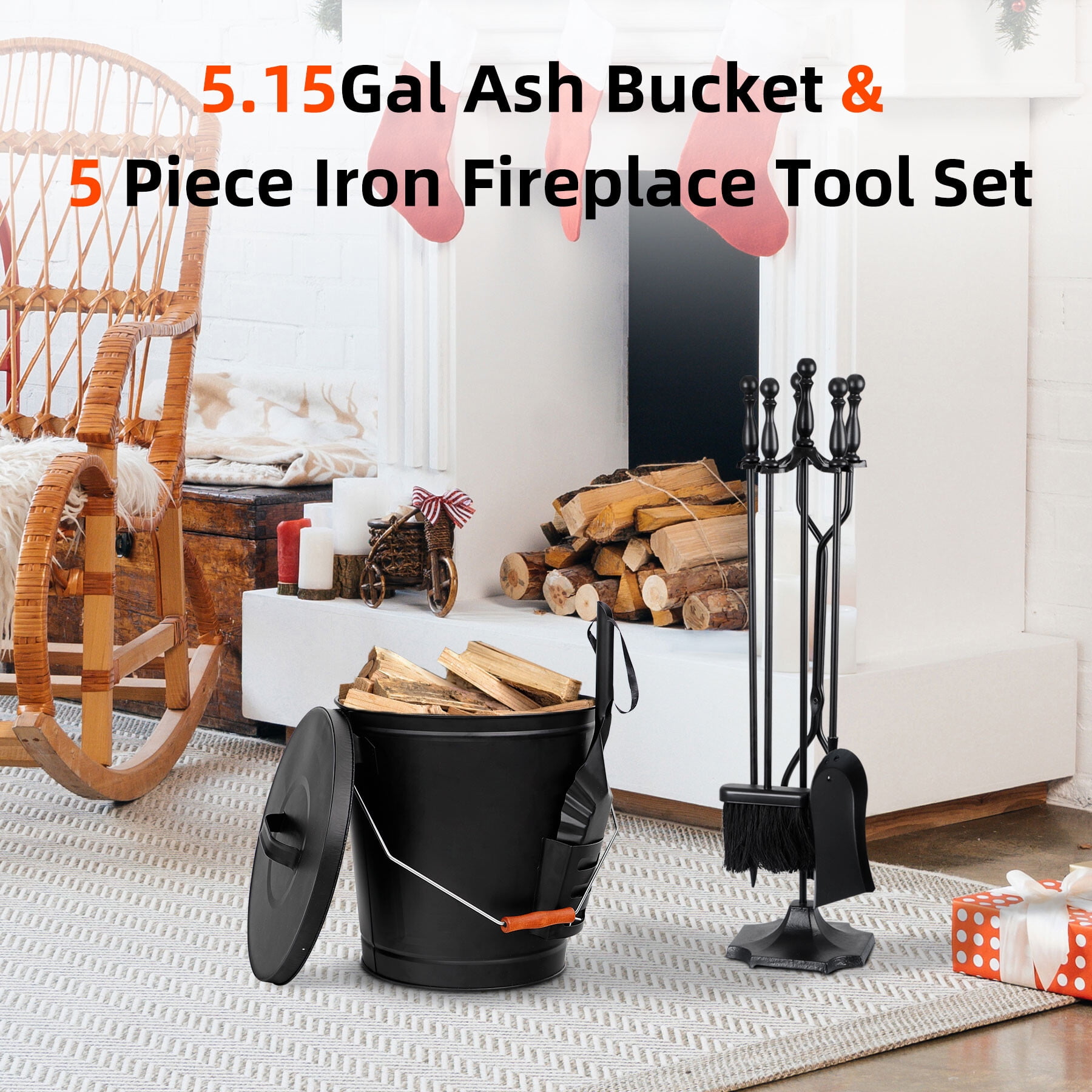 HomGarden 5.15Gal Galvanized Ash Bucket W/ Shovel + 5Pcs Iron Fireplace ...