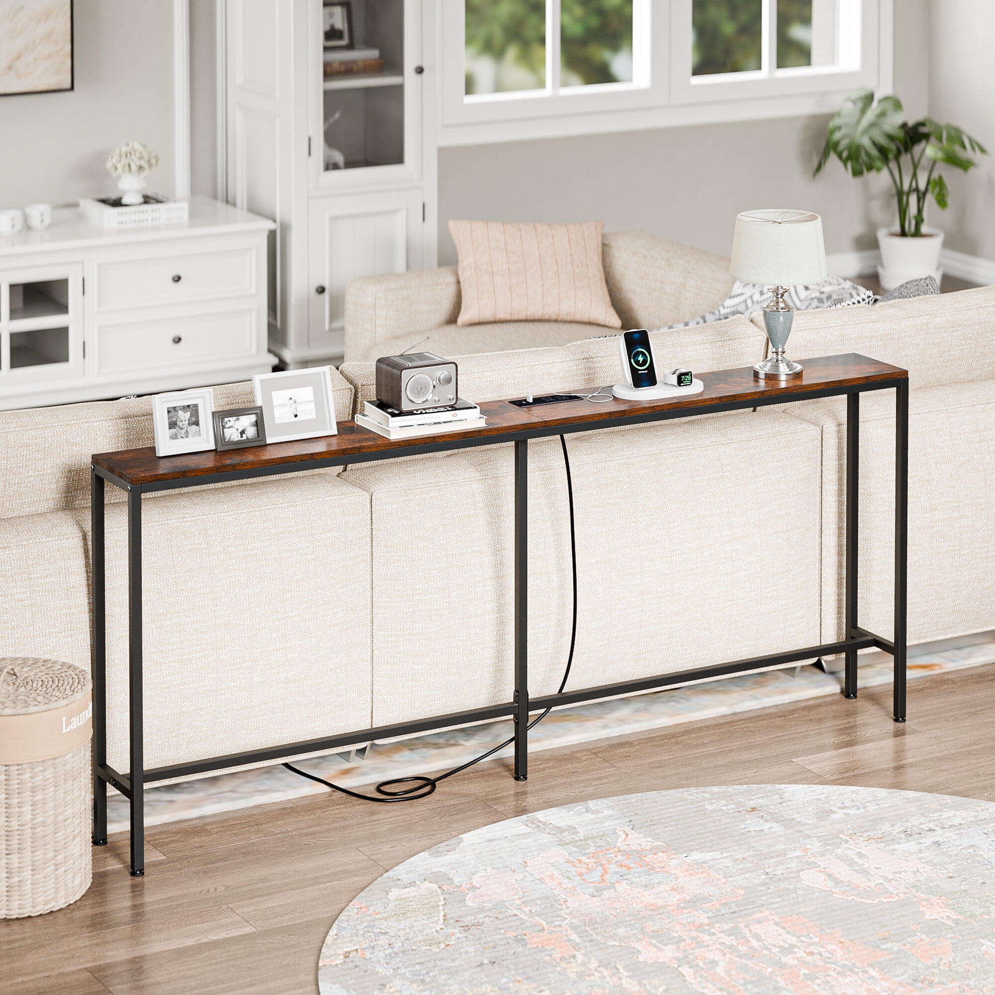 HomGarden 71-in Entryway Console Table W/Charging Station Narrow Sofa ...