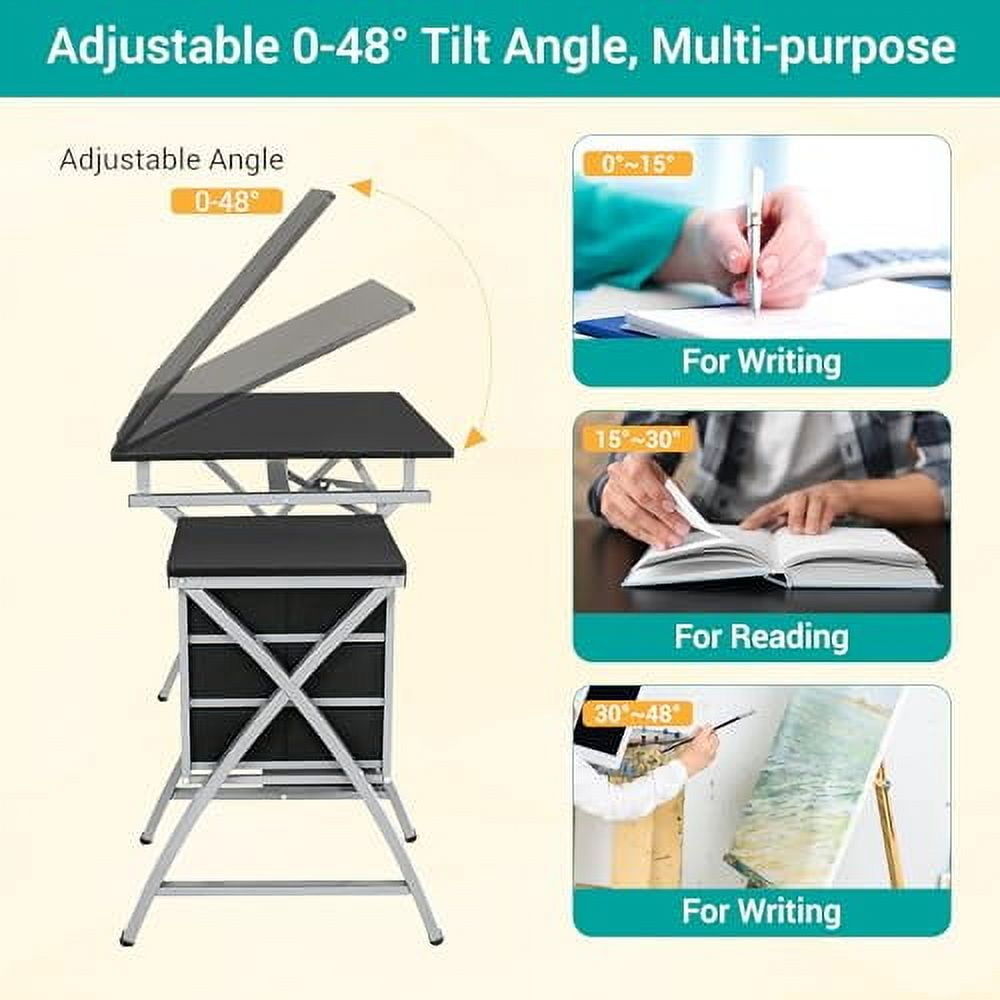 HomGarden Adjustable Drawing Desk Drafting Table Folding Art Craft Table Station w/Stool and 3 ...