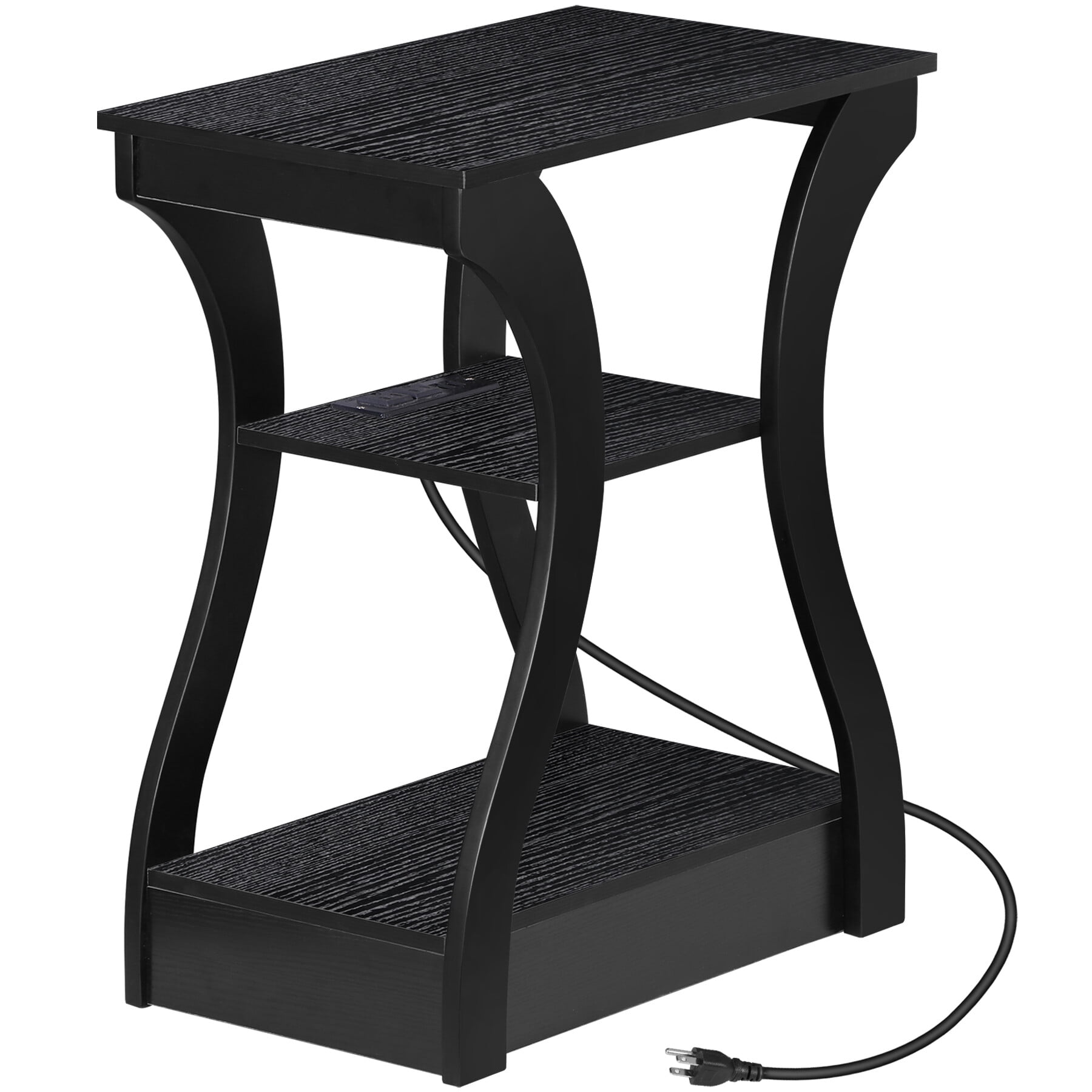 HomGarden Black End Table W/Charging Station, 3 Tier Arc Sofa Side Table W/USB Ports & Storage ...