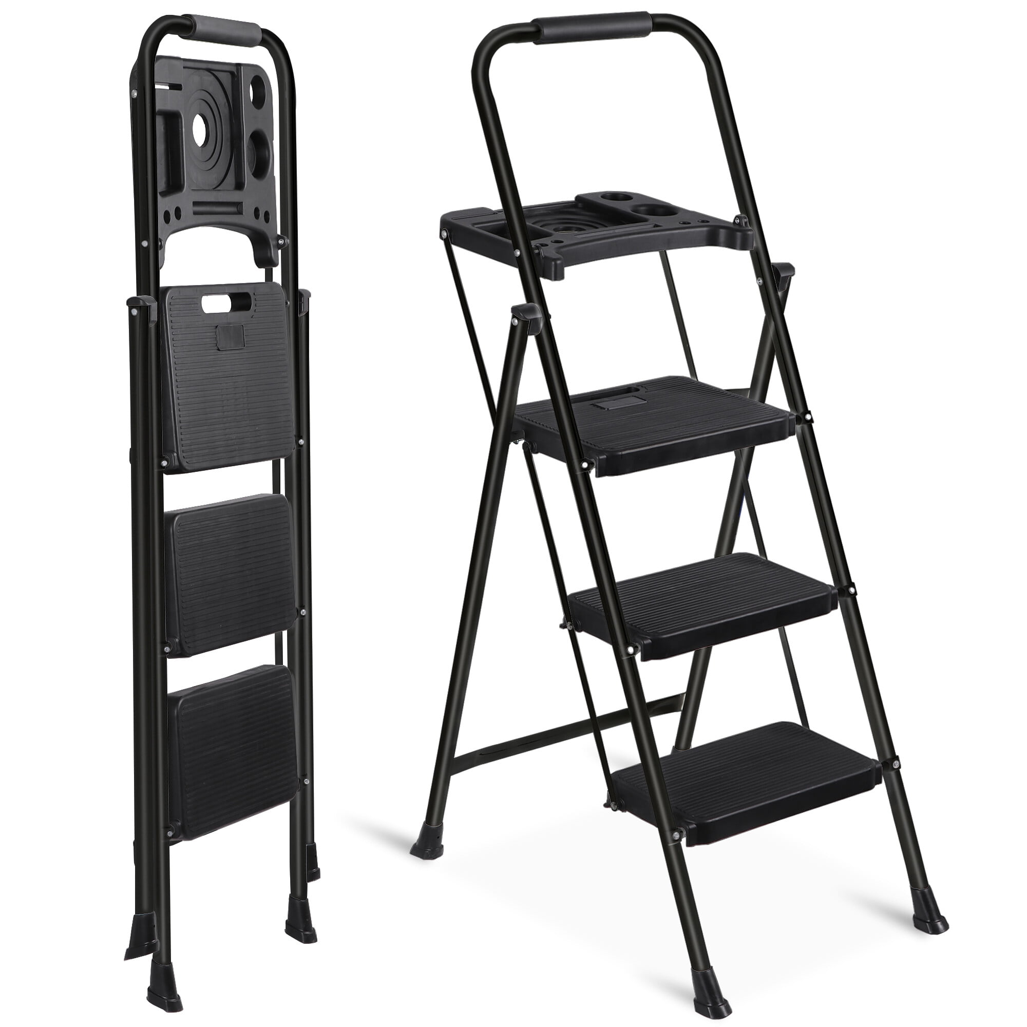 HomGarden Folding 3 Step Ladder Steel Step Stool W/Tool Tray& Handgrip ...
