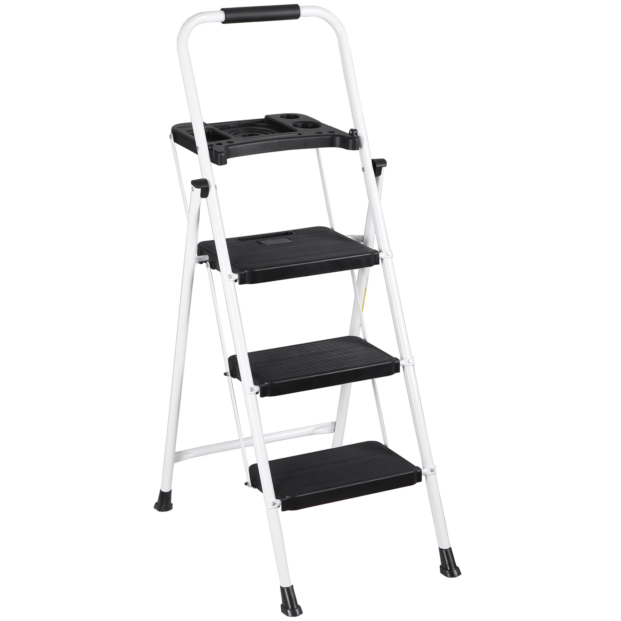 HomGarden Folding 3 Step Ladder Steel Step Stool W/Tool Tray& Handgrip ...