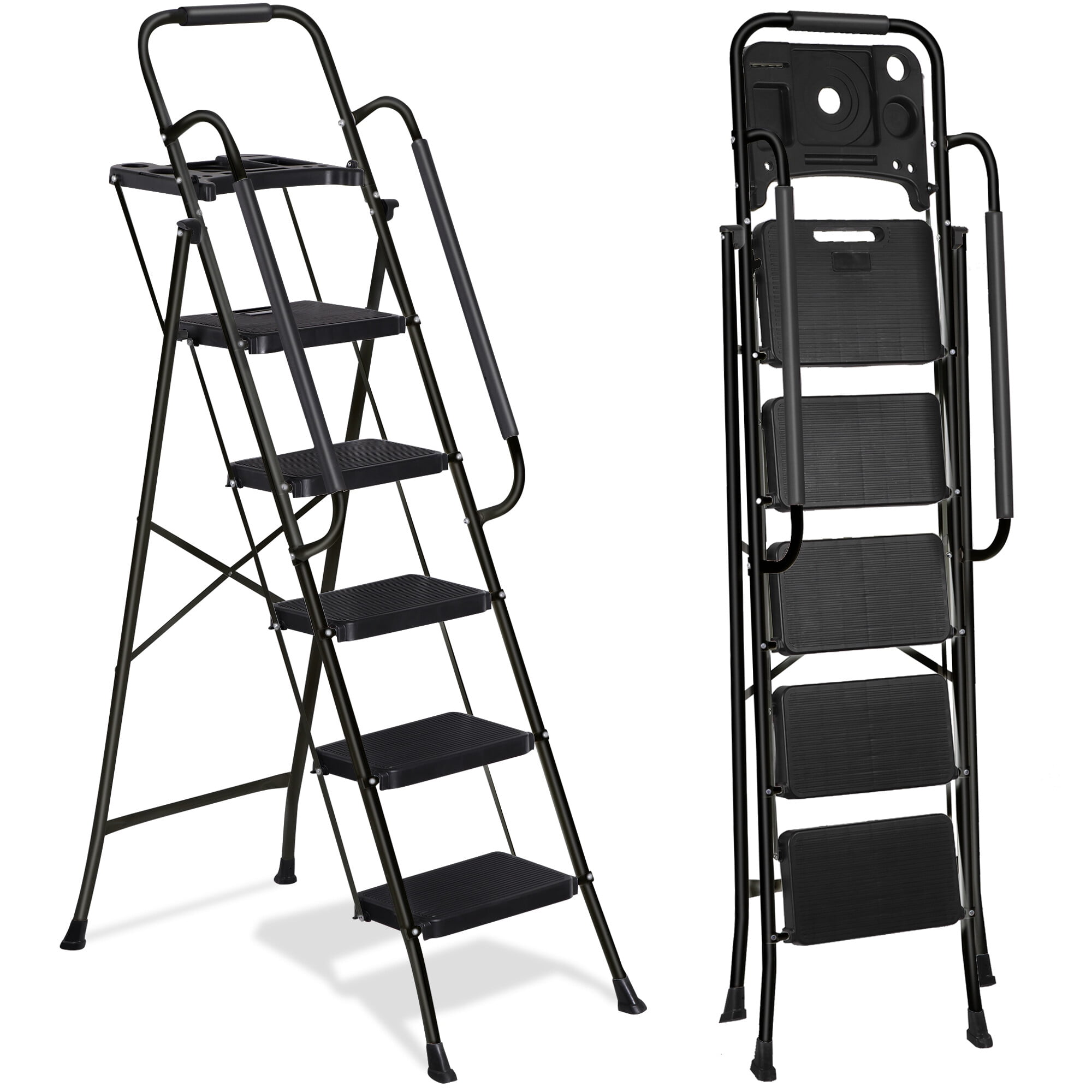 HomGarden Folding 5 Step Ladder Steel Step Stool W/Tool Tray& Handgrip ...