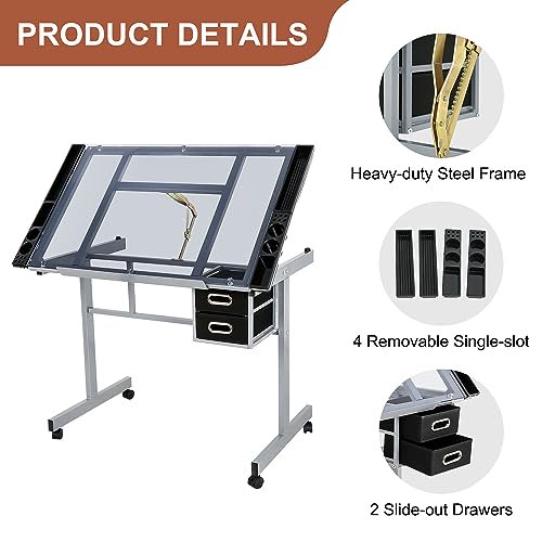 HomGarden Height Adjustable Drawing Desk Glass Top Rolling Drafting ...