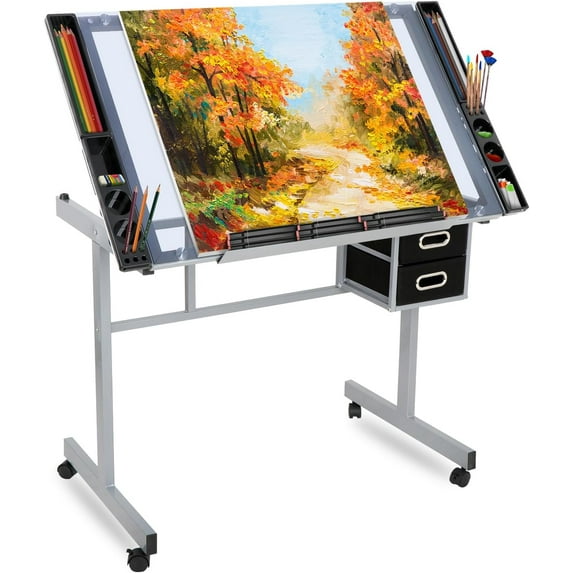 HomGarden Height Adjustable Drawing Desk Glass Top Rolling Drafting ...