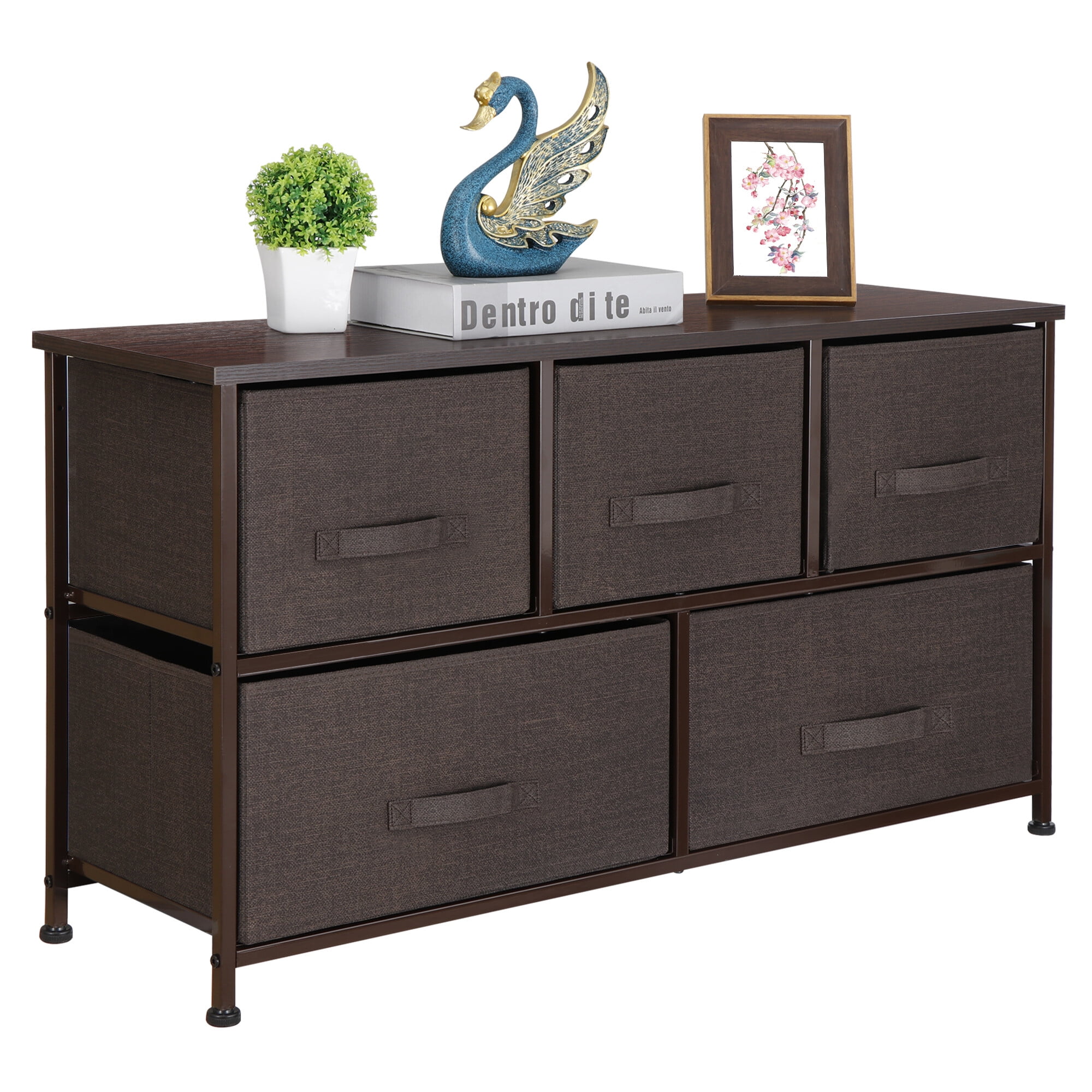 HomGarden Modern 2-Tier 5-Drawer Storage Dresser, Brown Fabric ...