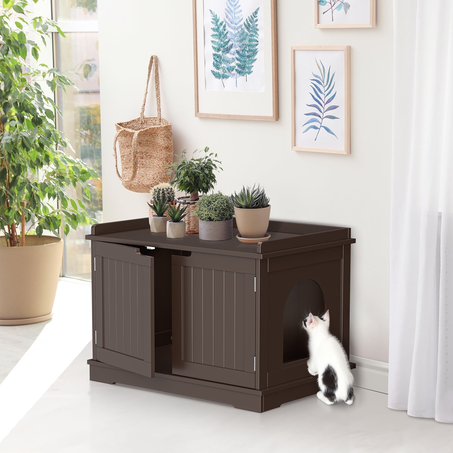 HomGarden Multi-functional Cat Washroom Bench Hidden Cat Litter Box ...