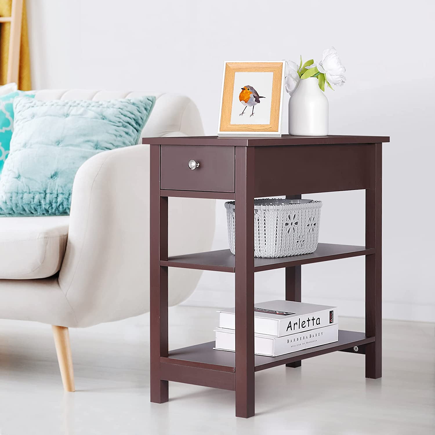 HomGarden Narrow End Table with Drawer and Shelf for Small Space, 3 ...