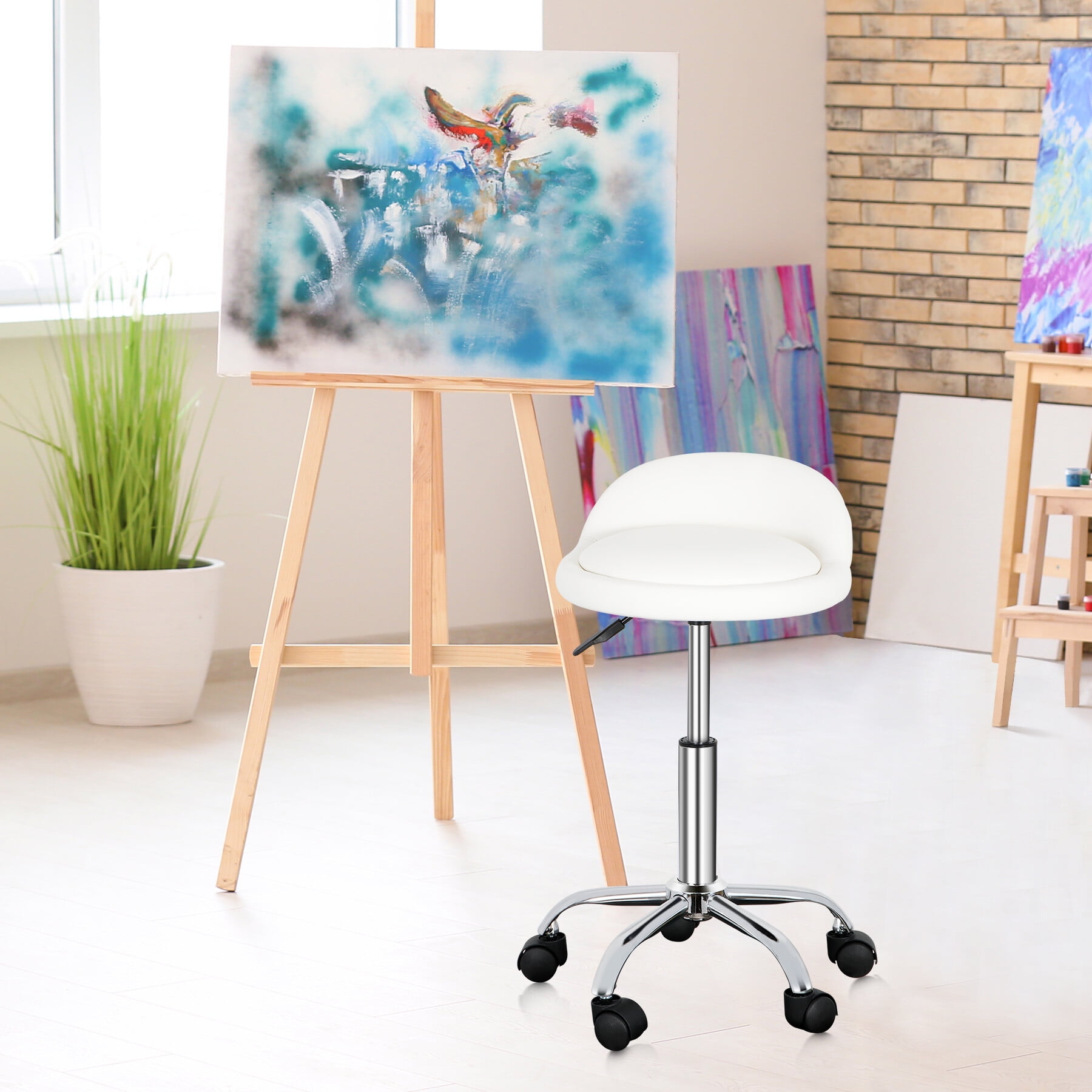 HomGarden White Swivel Rolling Stool with Wheels, Adjustable Height ...