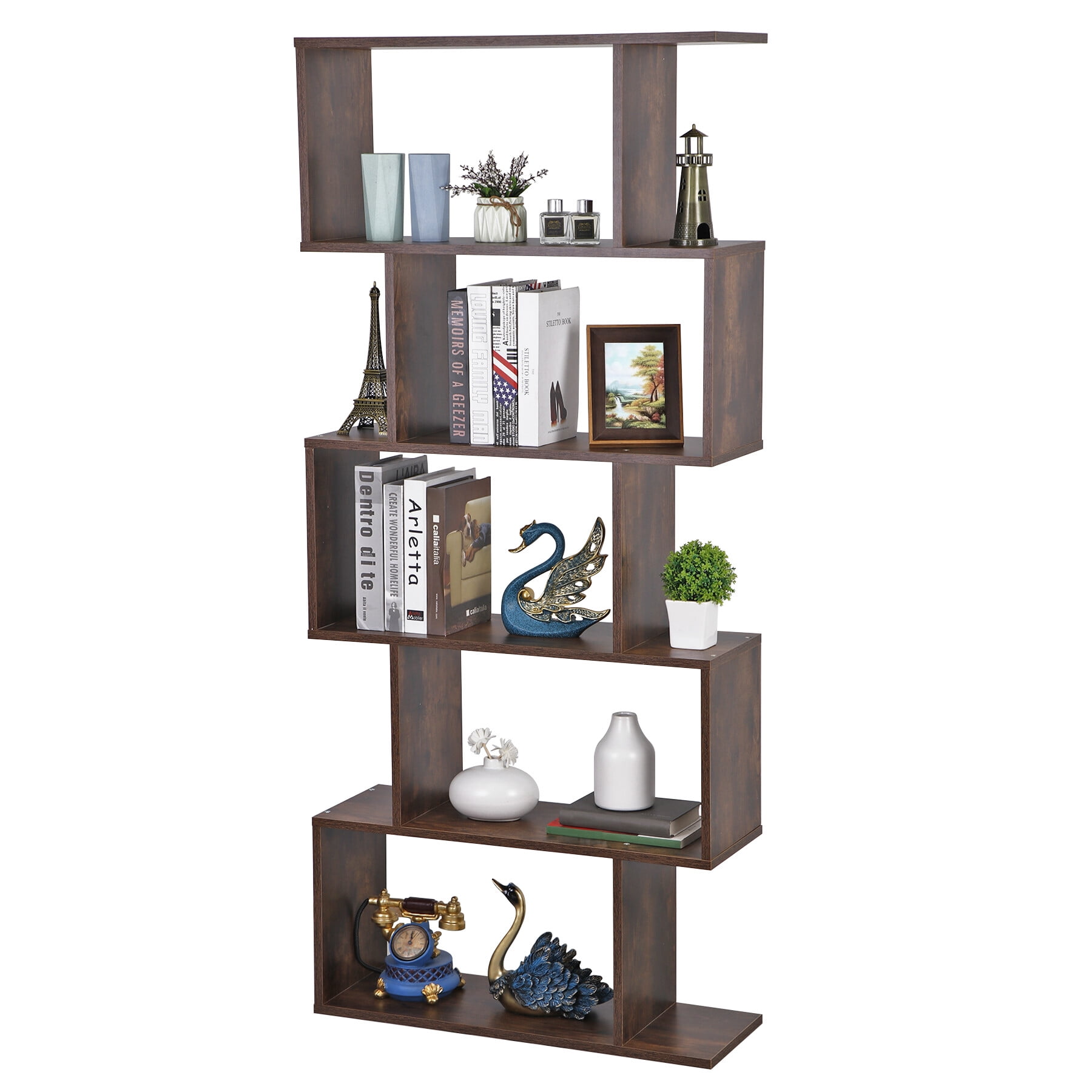 HomGarden Tall Wooden 5-Tier S-Shape Long Bookshelves, Rustic Brown ...