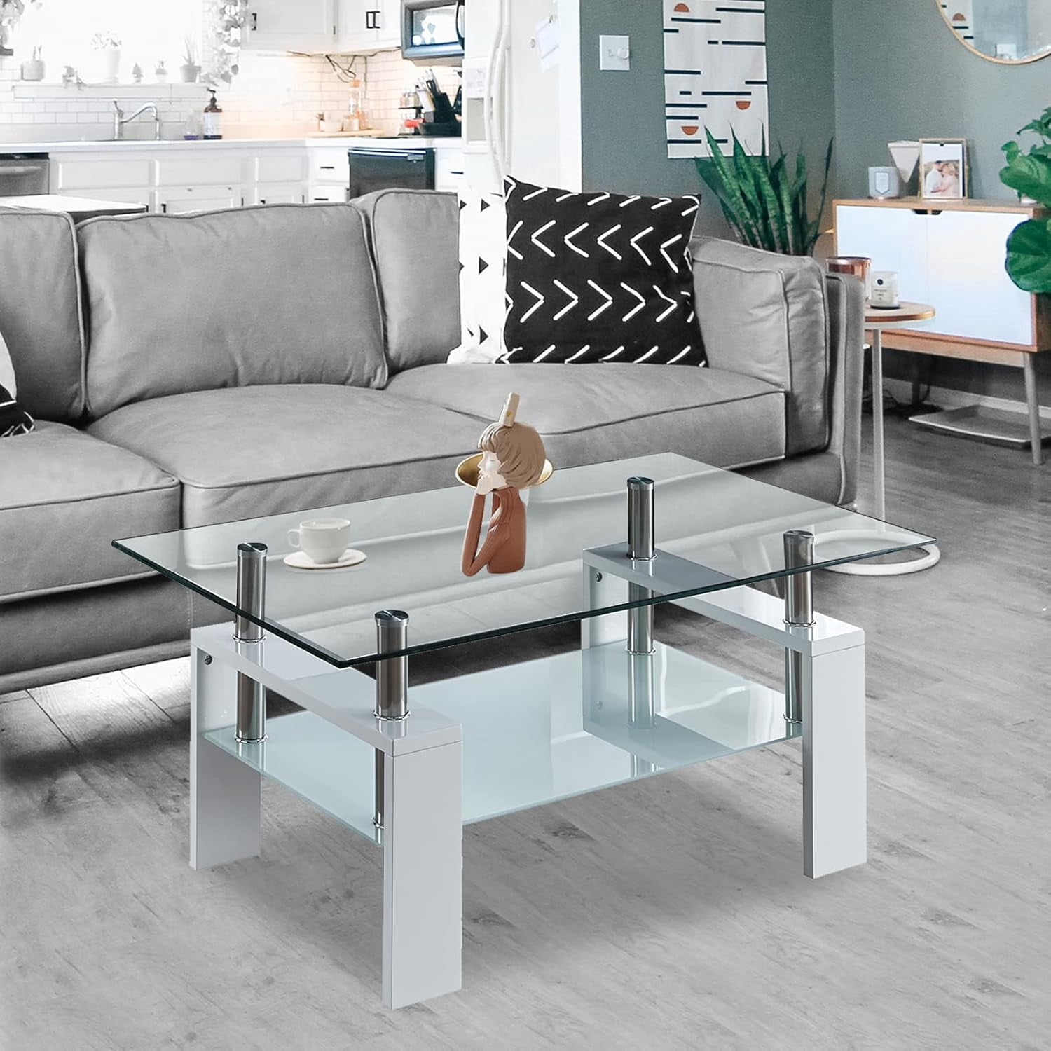 HomVent Coffee Table w/Frosted Glass Shelf,Glass Central Table w/Wood ...