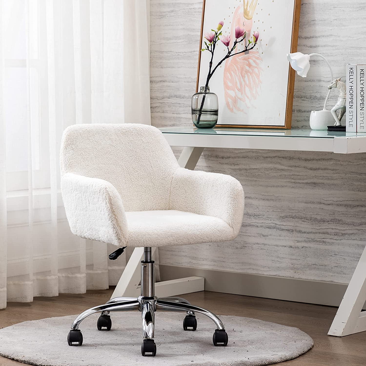 HomVent Fluffy Desk Chair Pink Faux Fur Vanity Chair Adjustable Swivel ...
