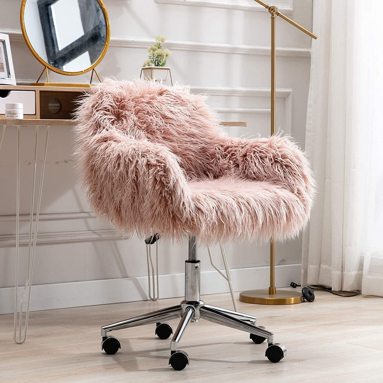HomVent Fluffy Desk Chair Pink Faux Fur Vanity Chair Adjustable Swivel ...