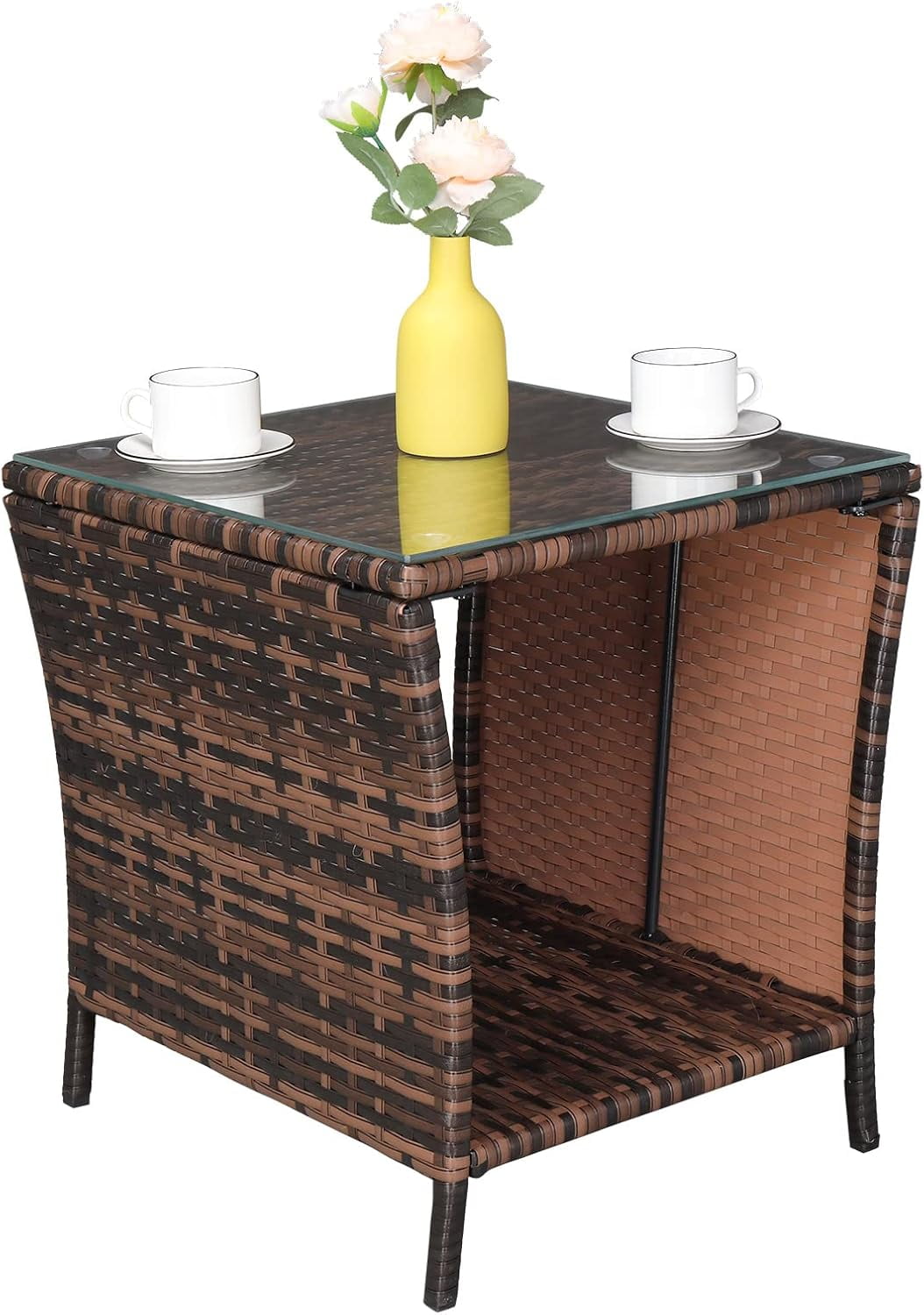 HomVent Outdoor Side Table Wicker Table with Storage Aluminum Frame ...