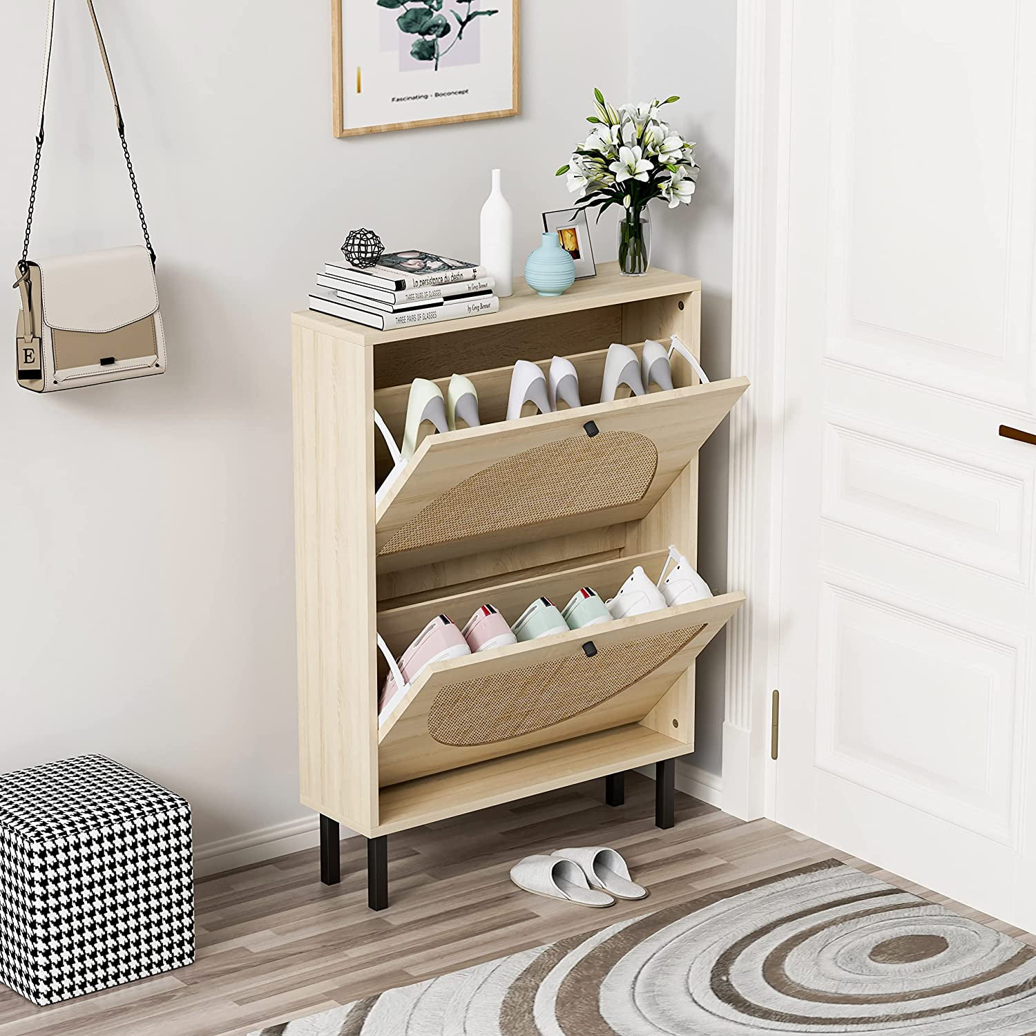 HomVent Rattan Shoe Cabinet with 2 Flip Drawers, Freestanding Rattan ...