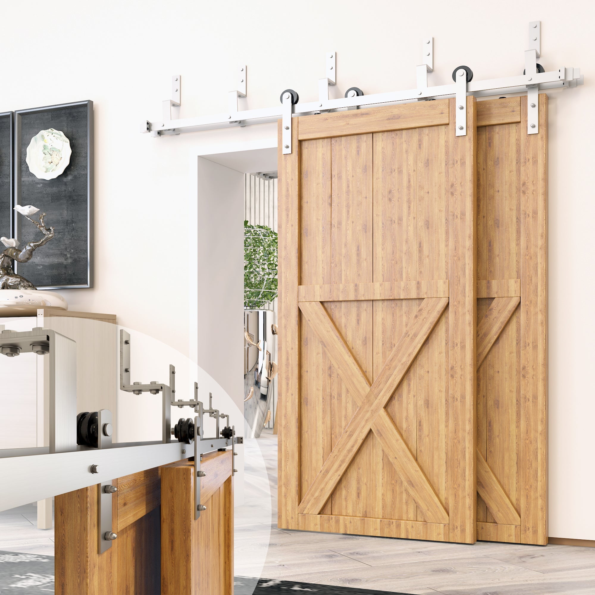 Homacer Brushed Nickel Double Track Z Shape Bypass Sliding Barn Door