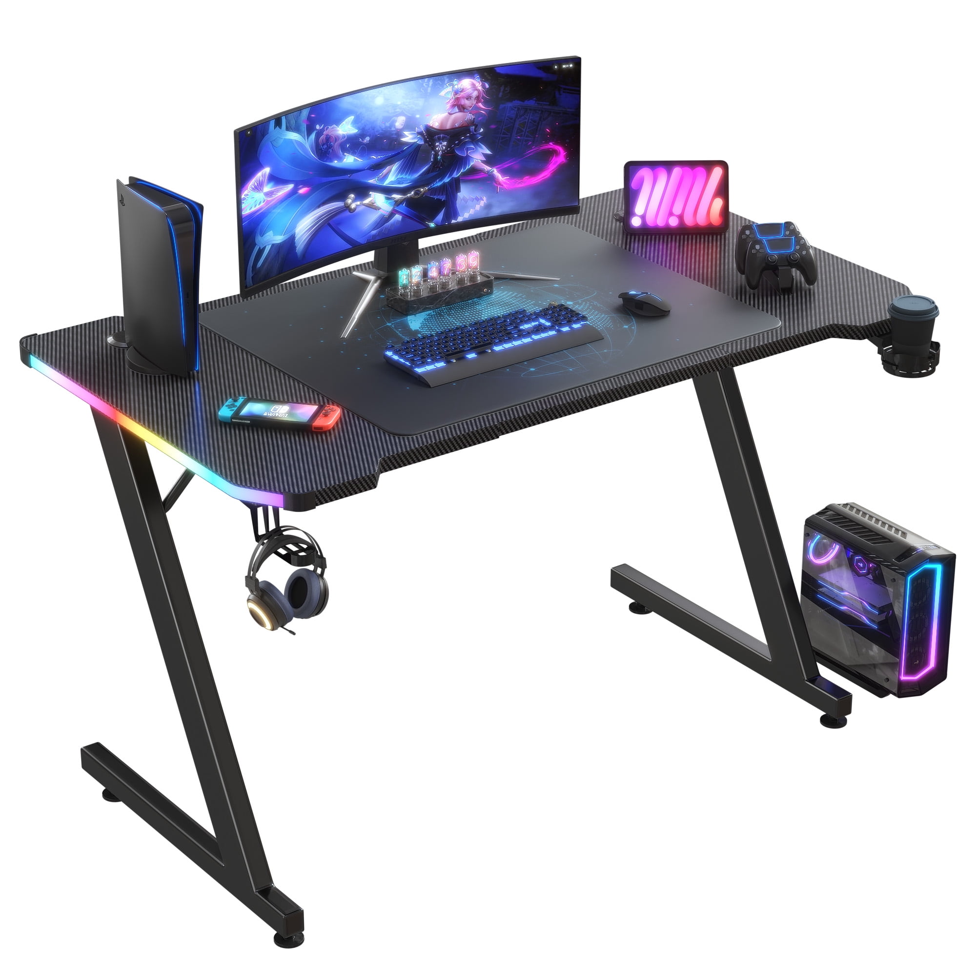 Homall 55 Inches Z-Shaped Gaming Desk with RGB Lights, Carbon Fiber ...