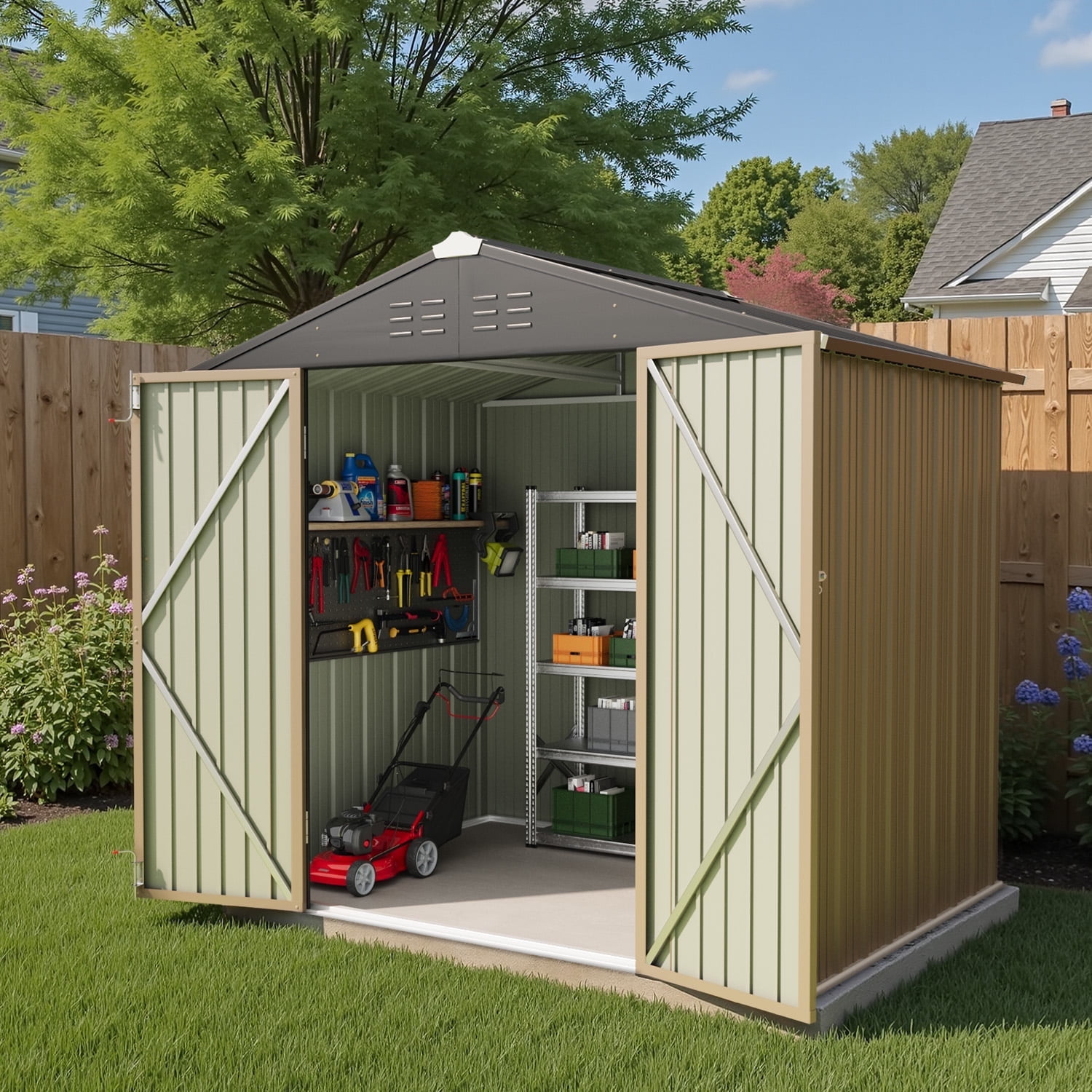 Homall 6'x8' Metal Outdoor Storage Shed, Lockable Doors, Sloping Roof ...
