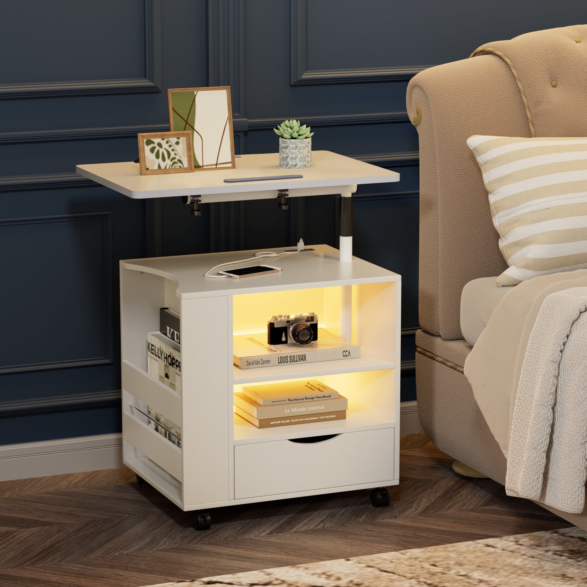 Homall Bedside Tables with LED, USB Ports, Adjustable Rotary Table ...