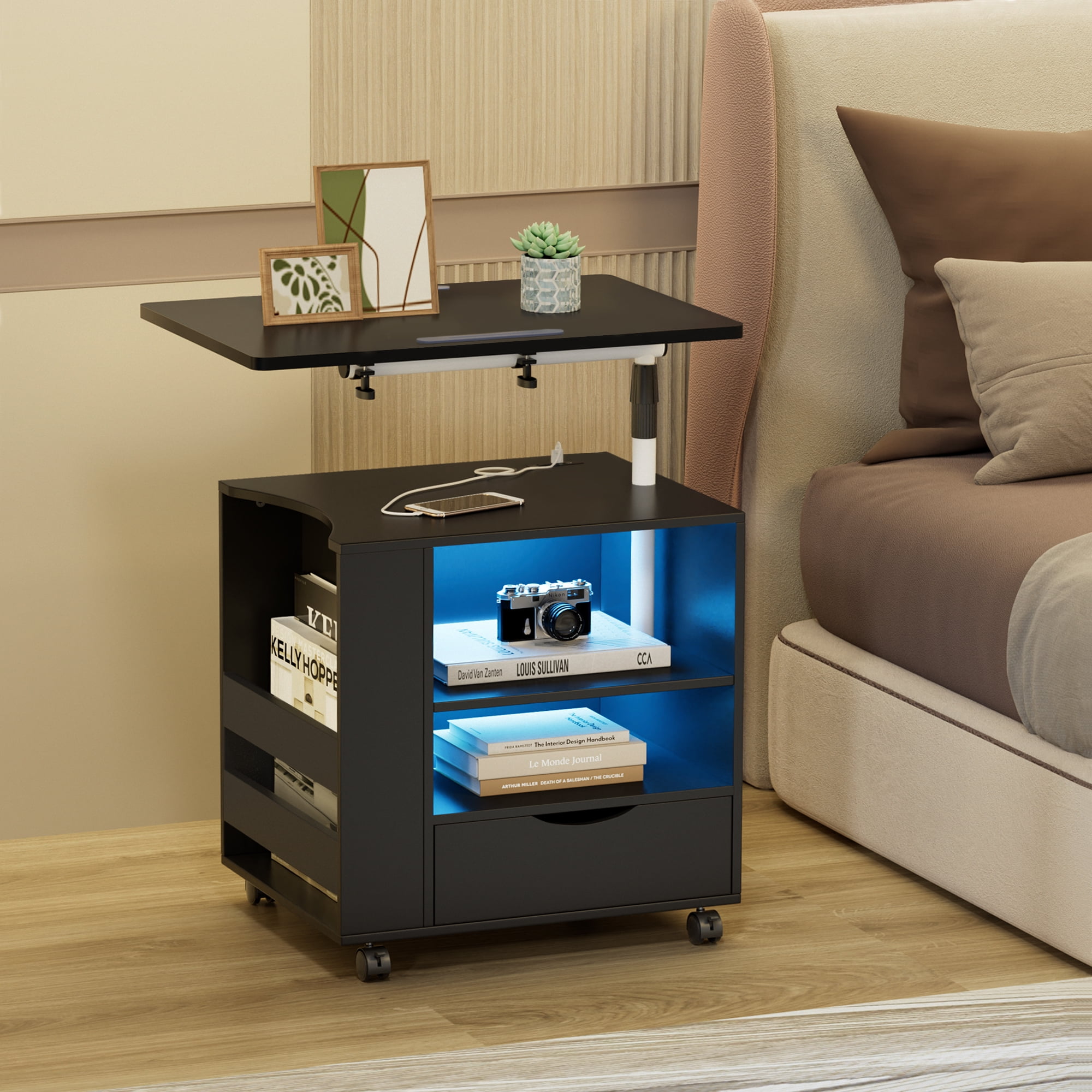 Homall LED Bedside Table with USB Ports, Adjustable Rotary Table, 1 ...