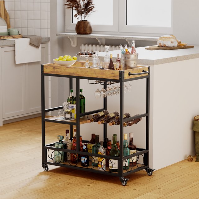 Homall Bar Cart 3 layers removable storage tray with wine rack, glass ...
