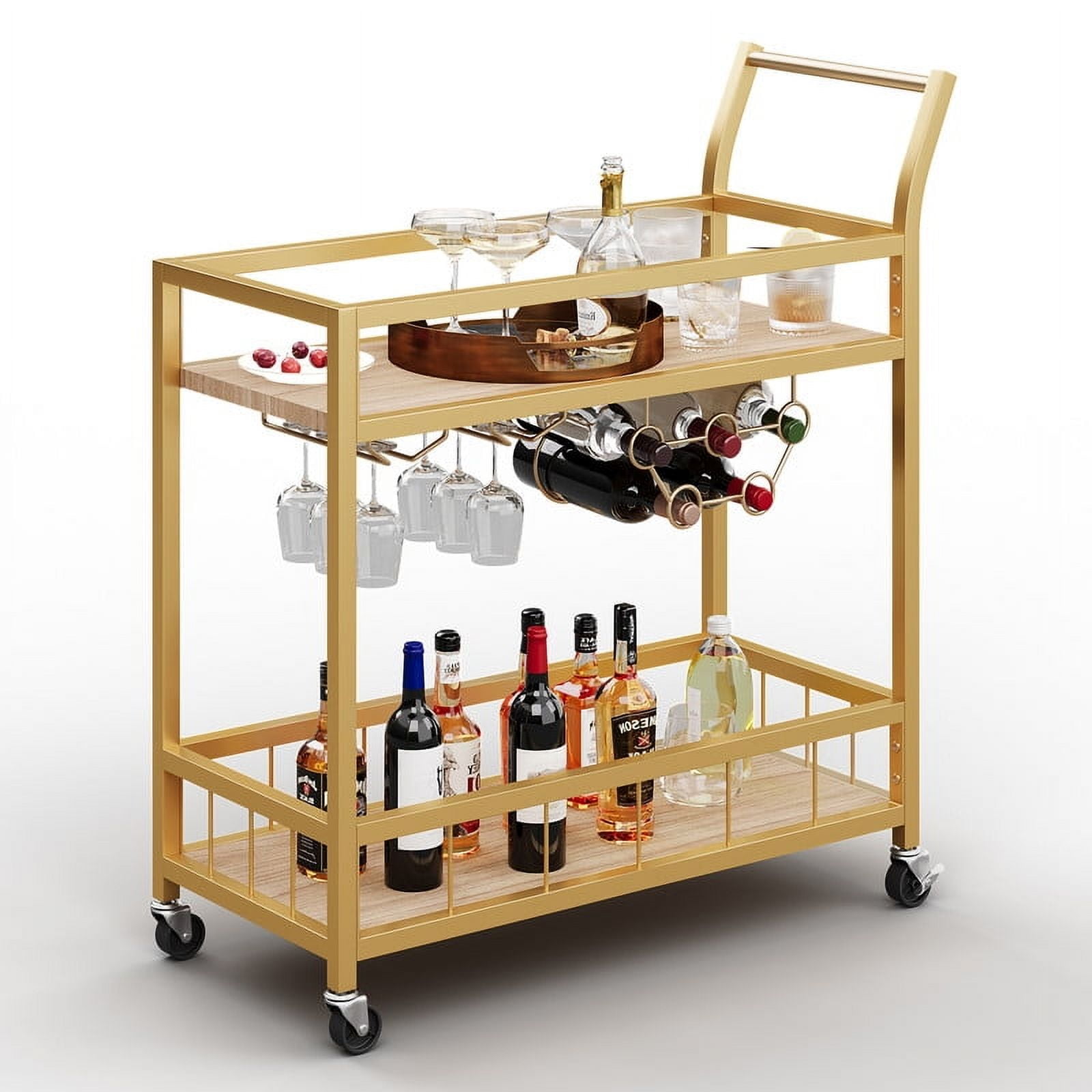 Homall Gold Industrial Mobile Bar Cart with Wine Rack Glass Holder and ...