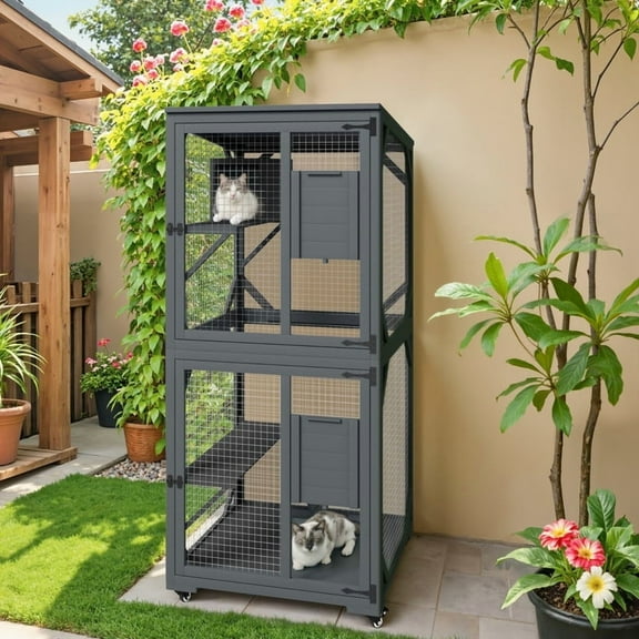 Large Catio Outdoor Cat Enclosure Window Access, Wooden Kitty Cage with ...