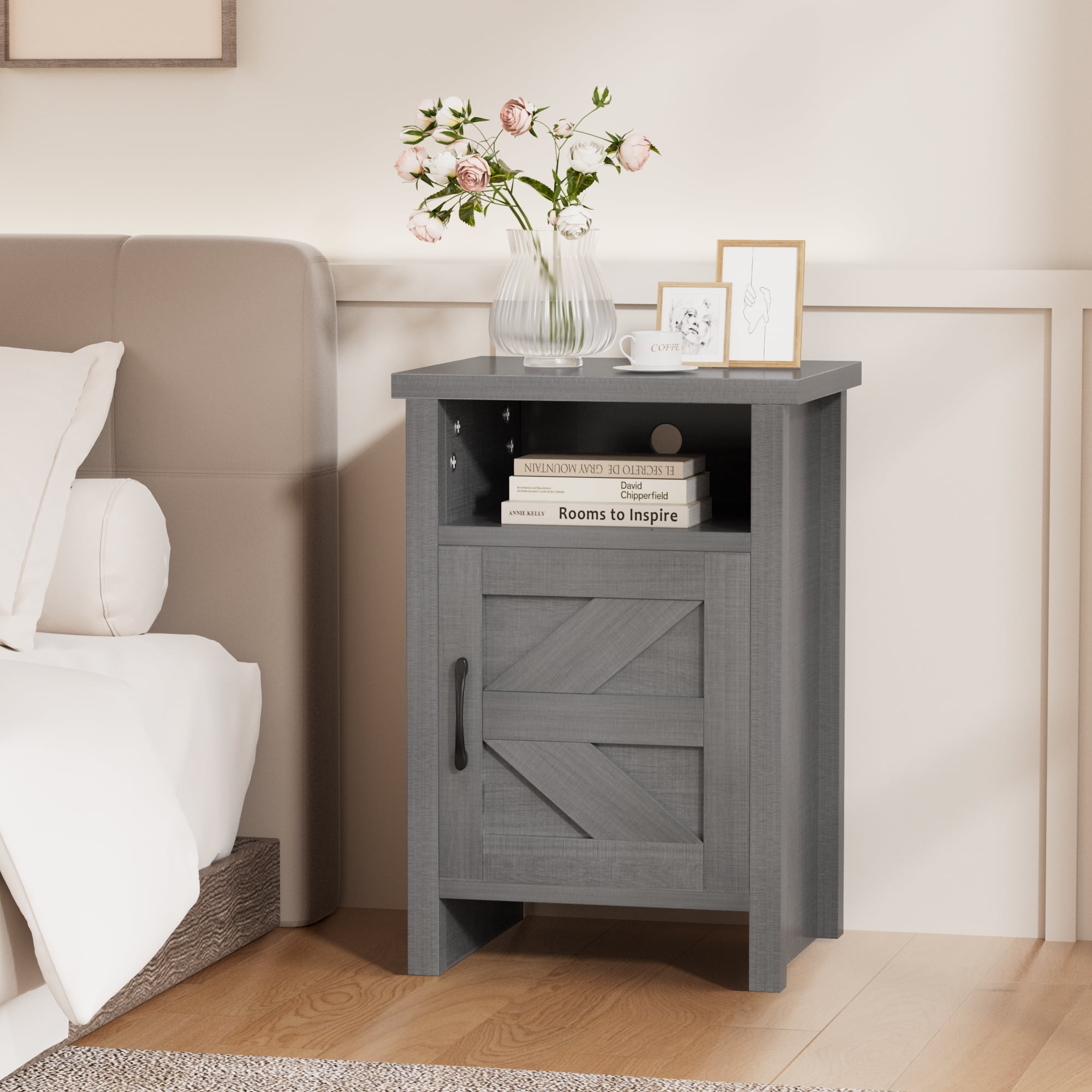 Homall Farmhouse Nightstand 1 Piece with Shelf and Barn Door Wood ...