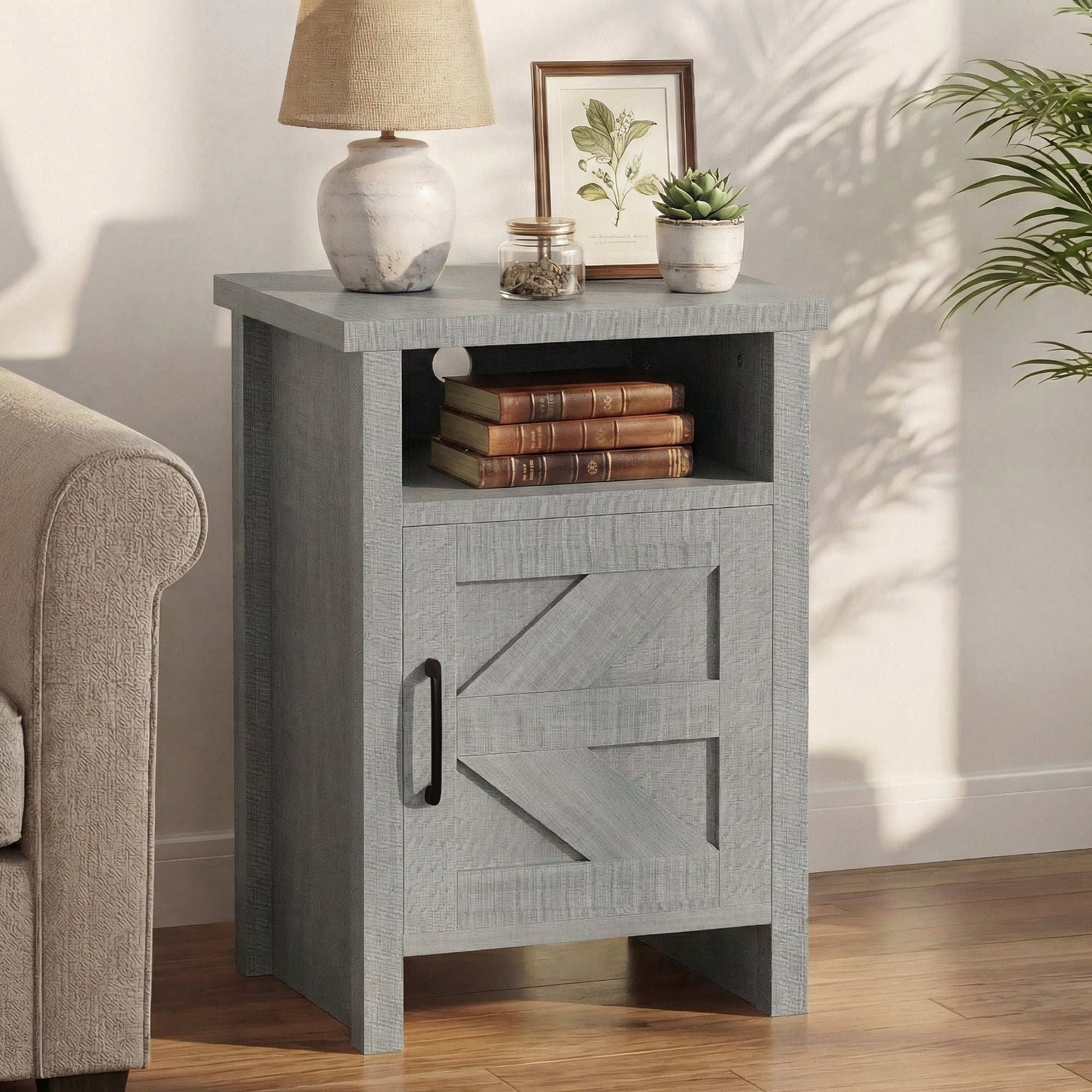 Homall Farmhouse Nightstand 1 Piece with Shelf and Barn Door Wood ...