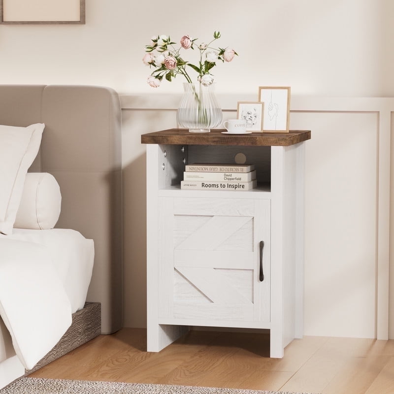Homall Farmhouse Nightstand 1 Piece with Shelf and Barn Door Wood ...