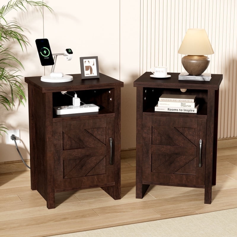 Homall Farmhouse Nightstand Set of 2 with Shelf and Barn Door Wood ...