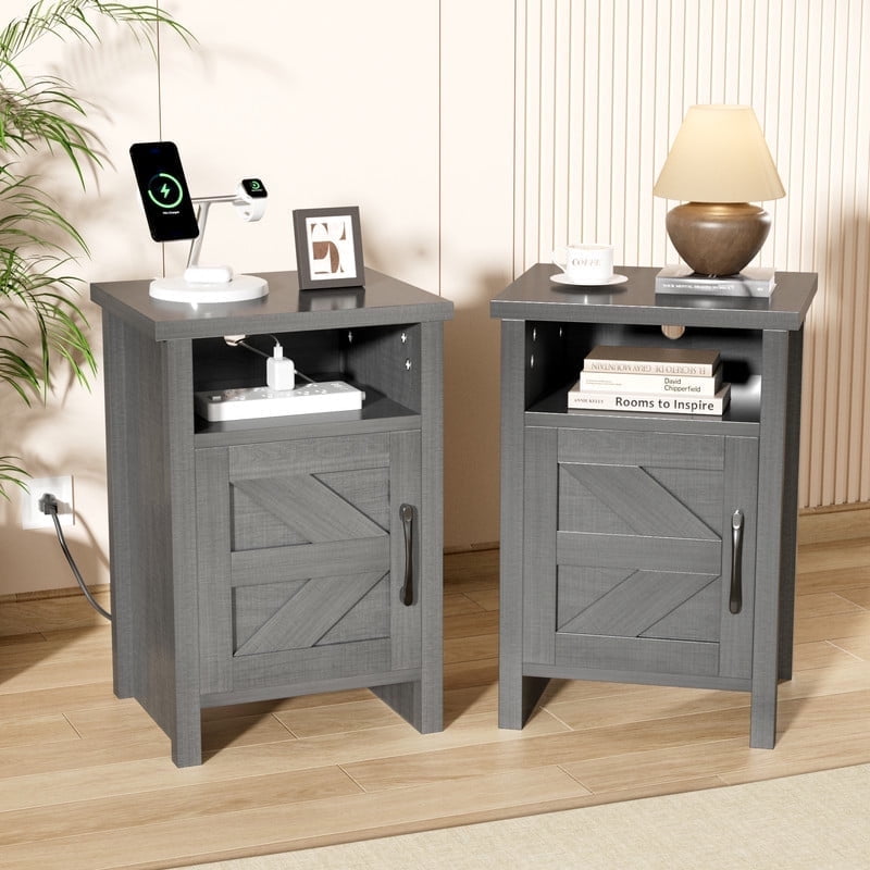 Homall Farmhouse Nightstand Set of 2 with Shelf and Barn Door Wood ...