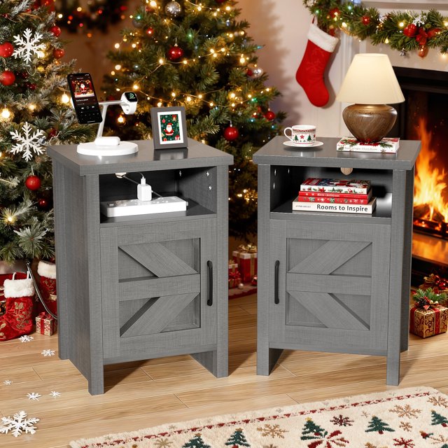 Homall Farmhouse Nightstand Set of 2 with Shelf and Barn Door Wood ...