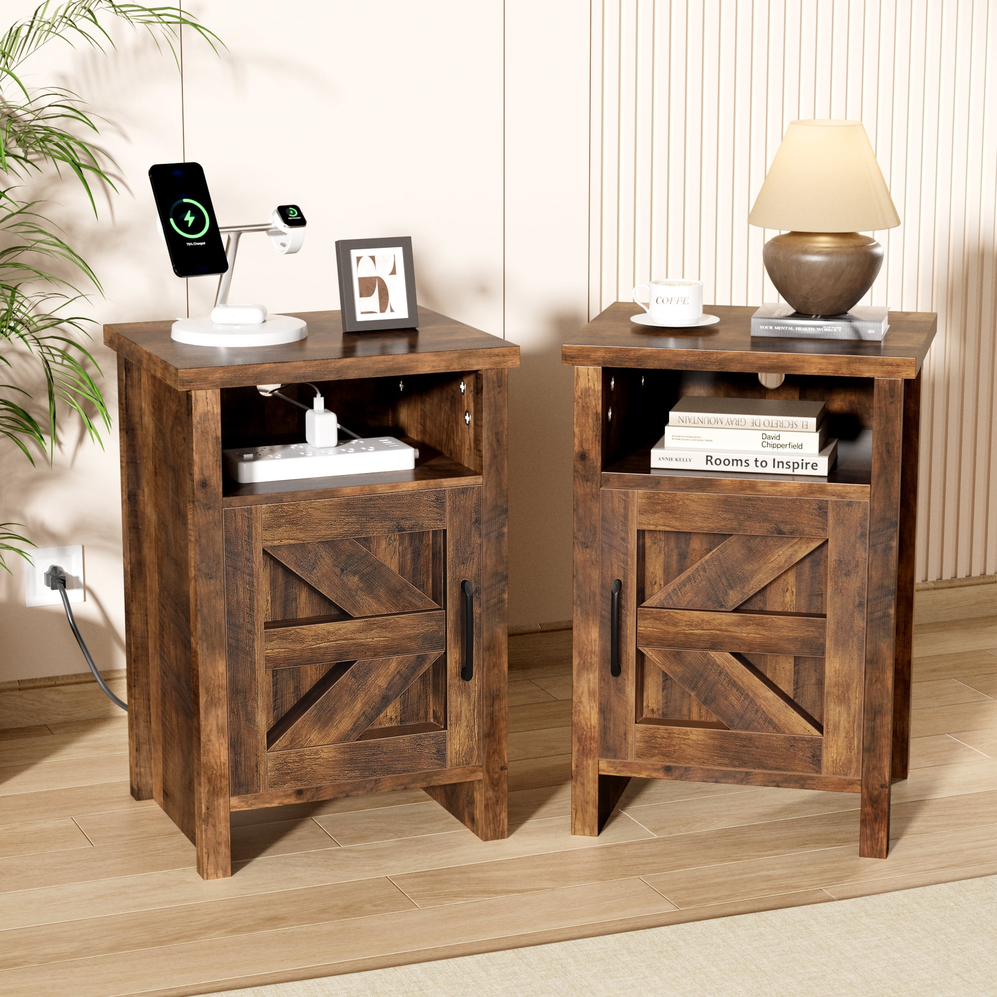 Homall Farmhouse Nightstand Set of 2 with Shelf and Barn Door Wood ...