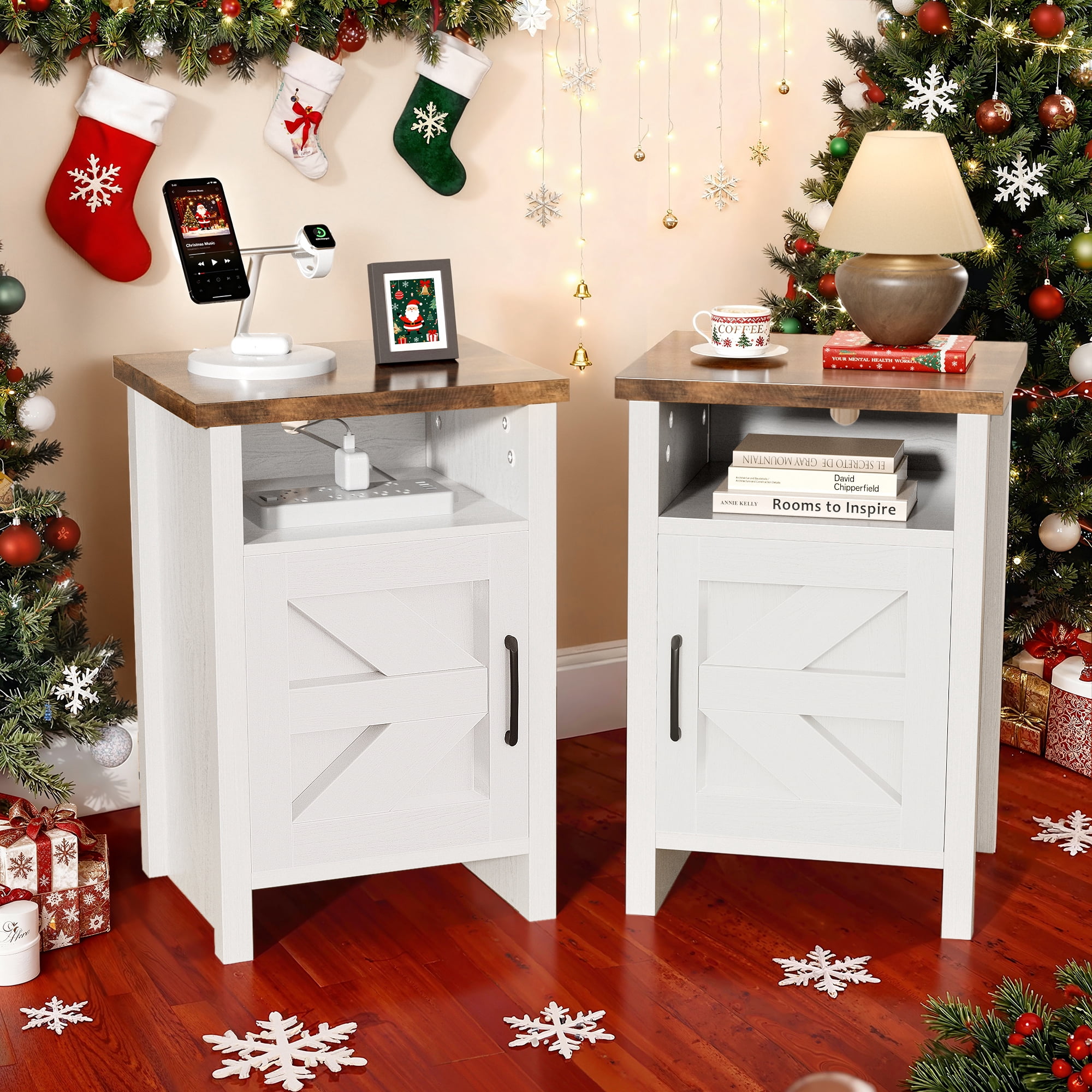 Homall Farmhouse Nightstand Set of 2 with Shelf and Barn Door Wood ...