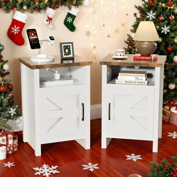 End Tables Set of 2, White Nightstand with Barn Door & Shelf, Modern ...