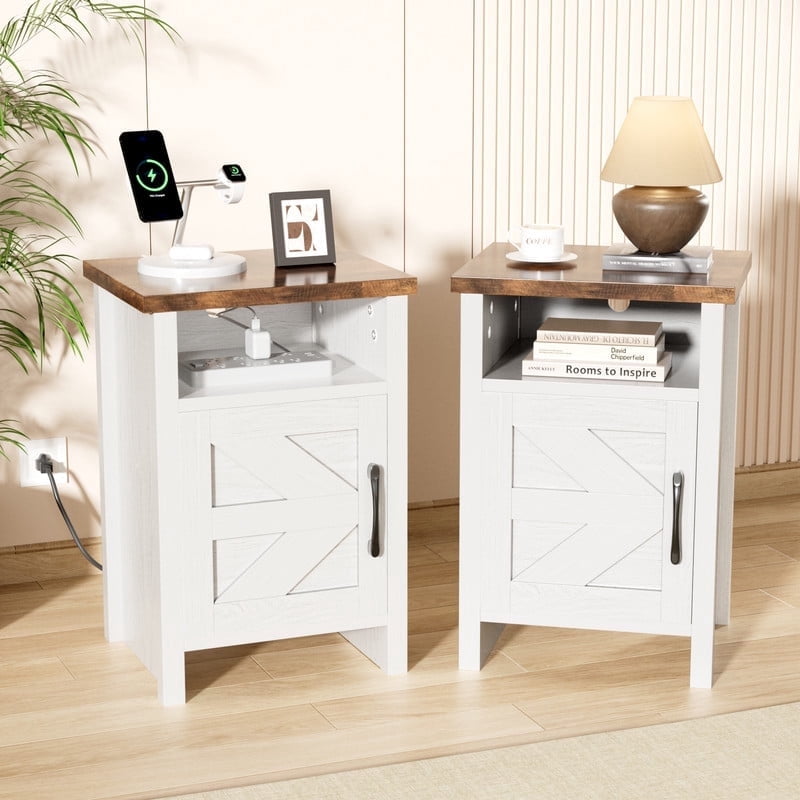 Homall Farmhouse Nightstand Set of 2 with Shelf and Barn Door Wood ...