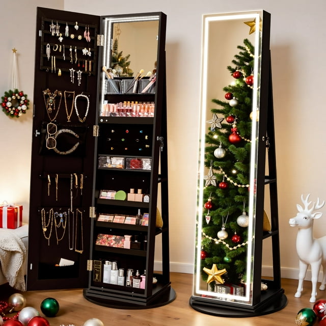 Homall LED Jewelry Armoire Cabinet 360° Swivel Jewelry Box Mirror ...