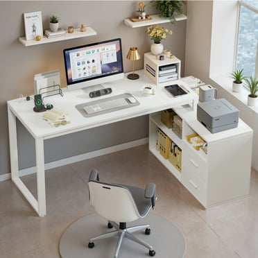 Finmind White Computer Desk with Drawers,55 Inches Modern Home Office ...