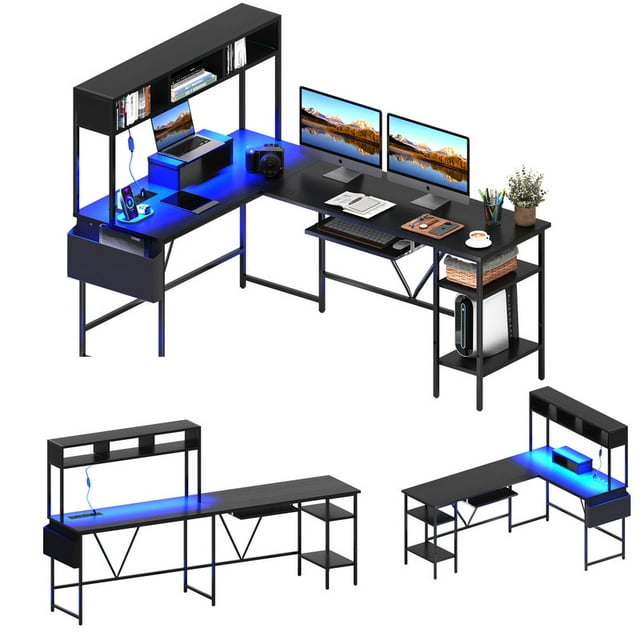 Homall L-Shaped Office Desk Gaming Table with LED Lights, Storage Rack ...