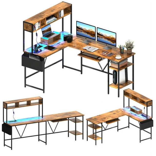 Homall L-Shaped Office Desk Gaming Table with LED Lights, Storage Rack ...