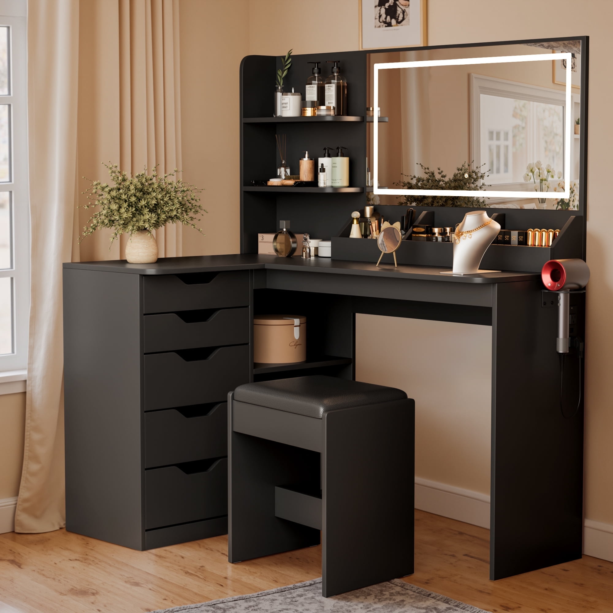 Homall L-Shaped Vanity Set with LED Mirror, Power Outlet, Makeup Vanity ...