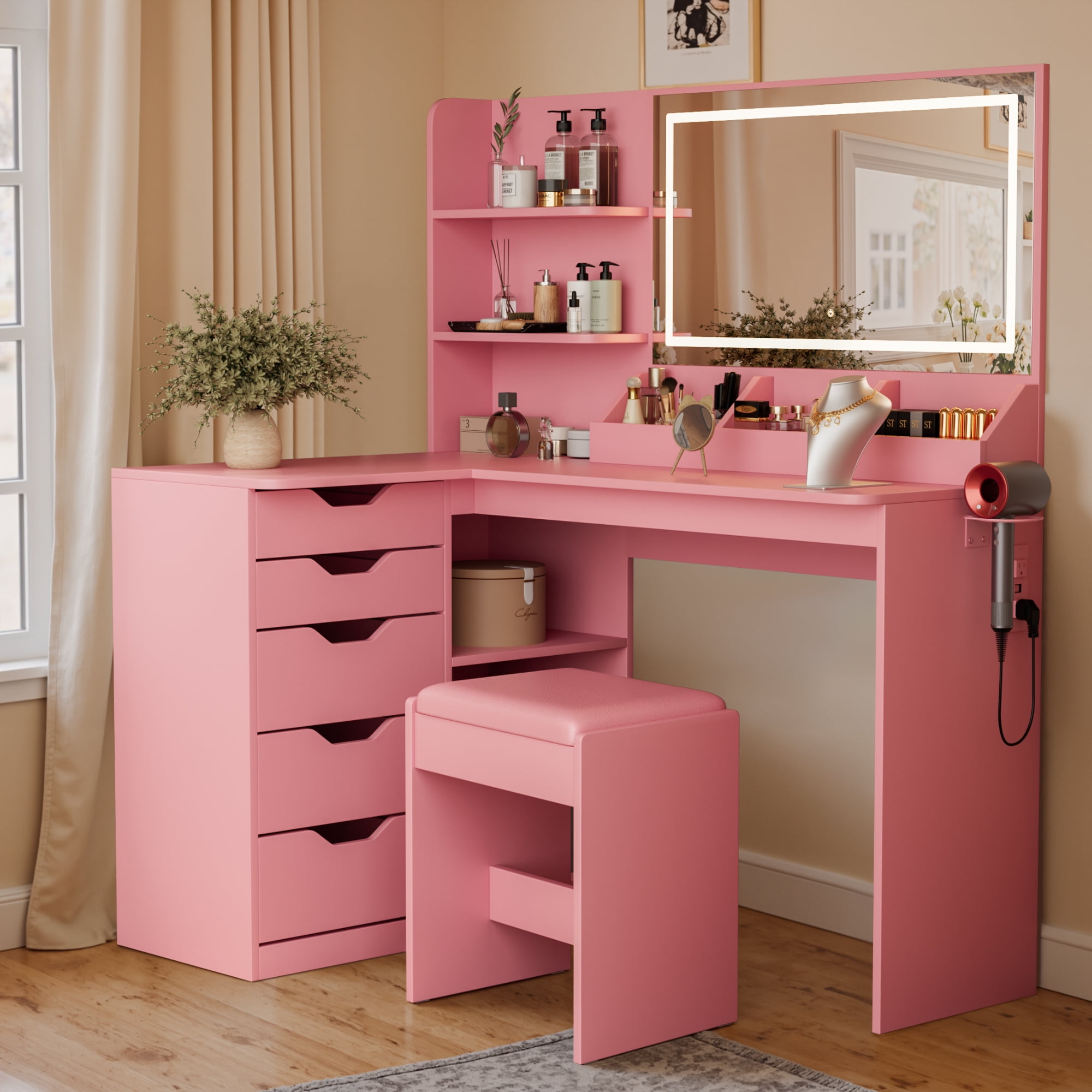 Homall L-Shaped Vanity Set with LED Mirror, Power Outlet, Makeup Vanity ...