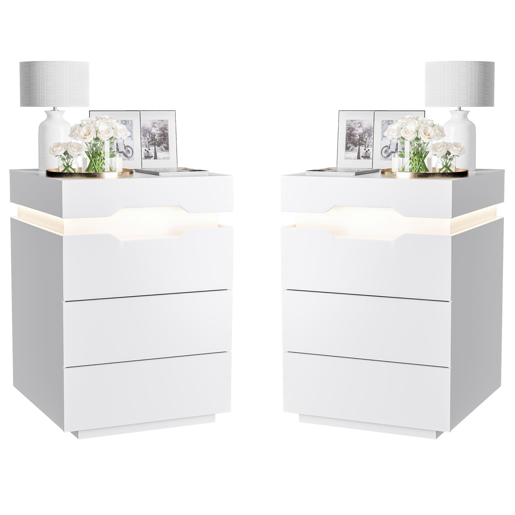Homall White Nightstand Set of 2 with 3 Drawers, LED Lighting, Remote ...
