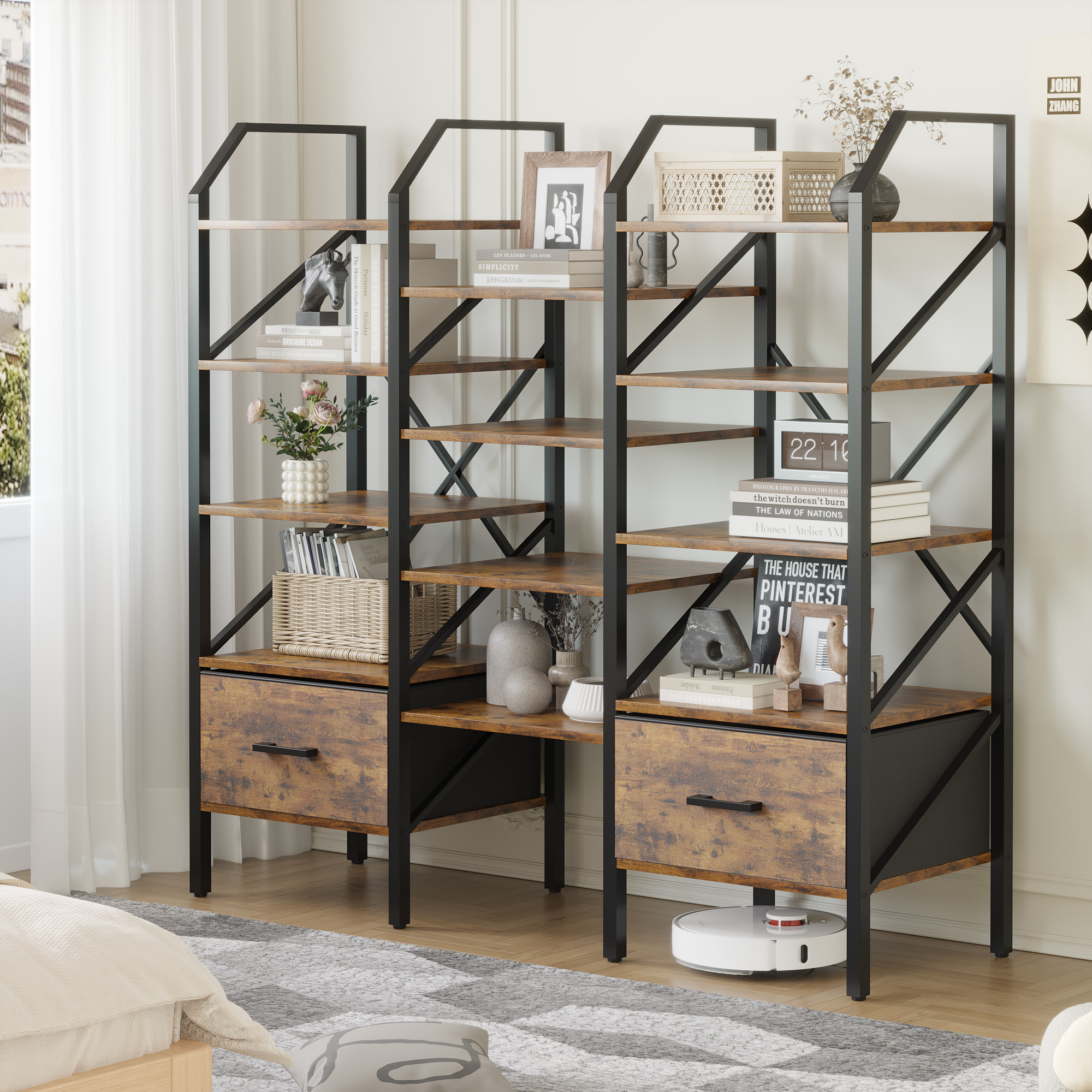Concepts in Wood 15 Shelf Triple Wide Wood Bookcase, 72 inch Tall ...