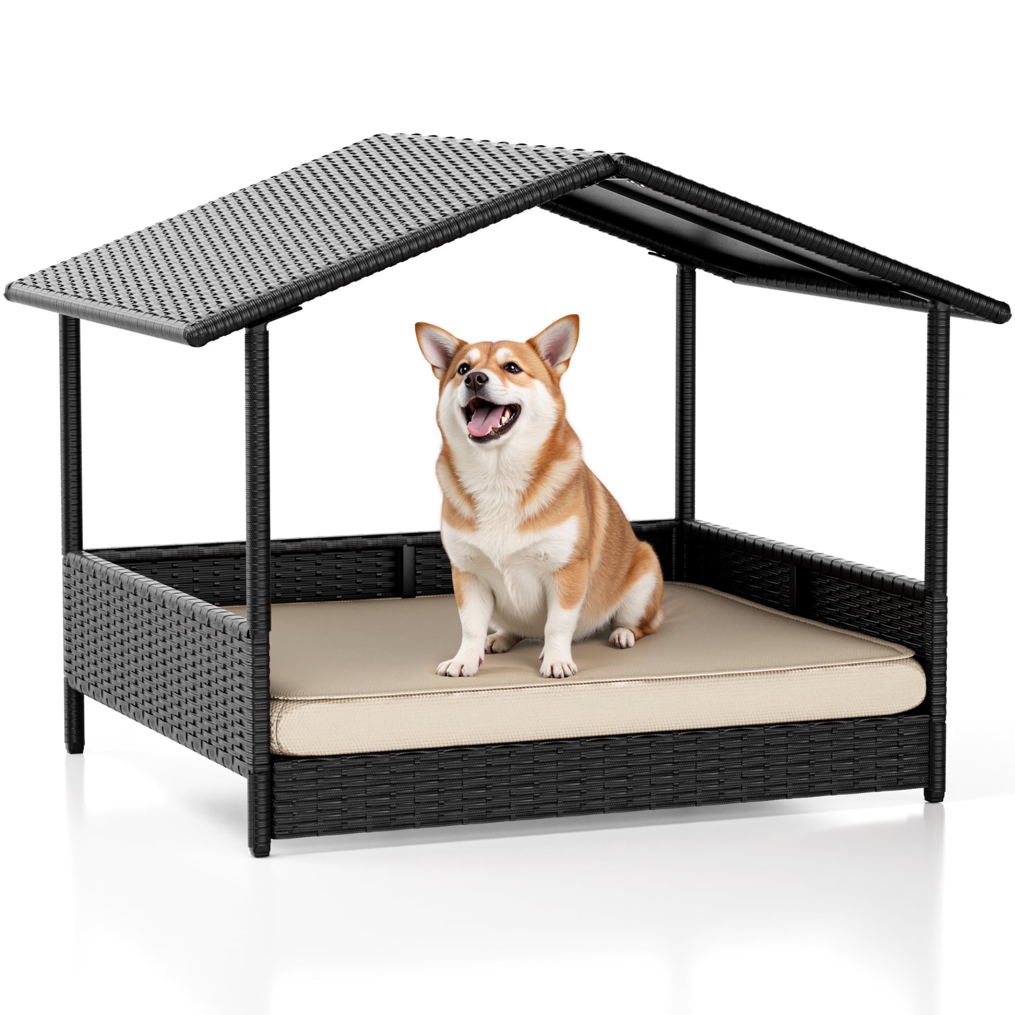 Homall Outdoor&Indoor Wicker Dog House with Removable Cushion Dog ...