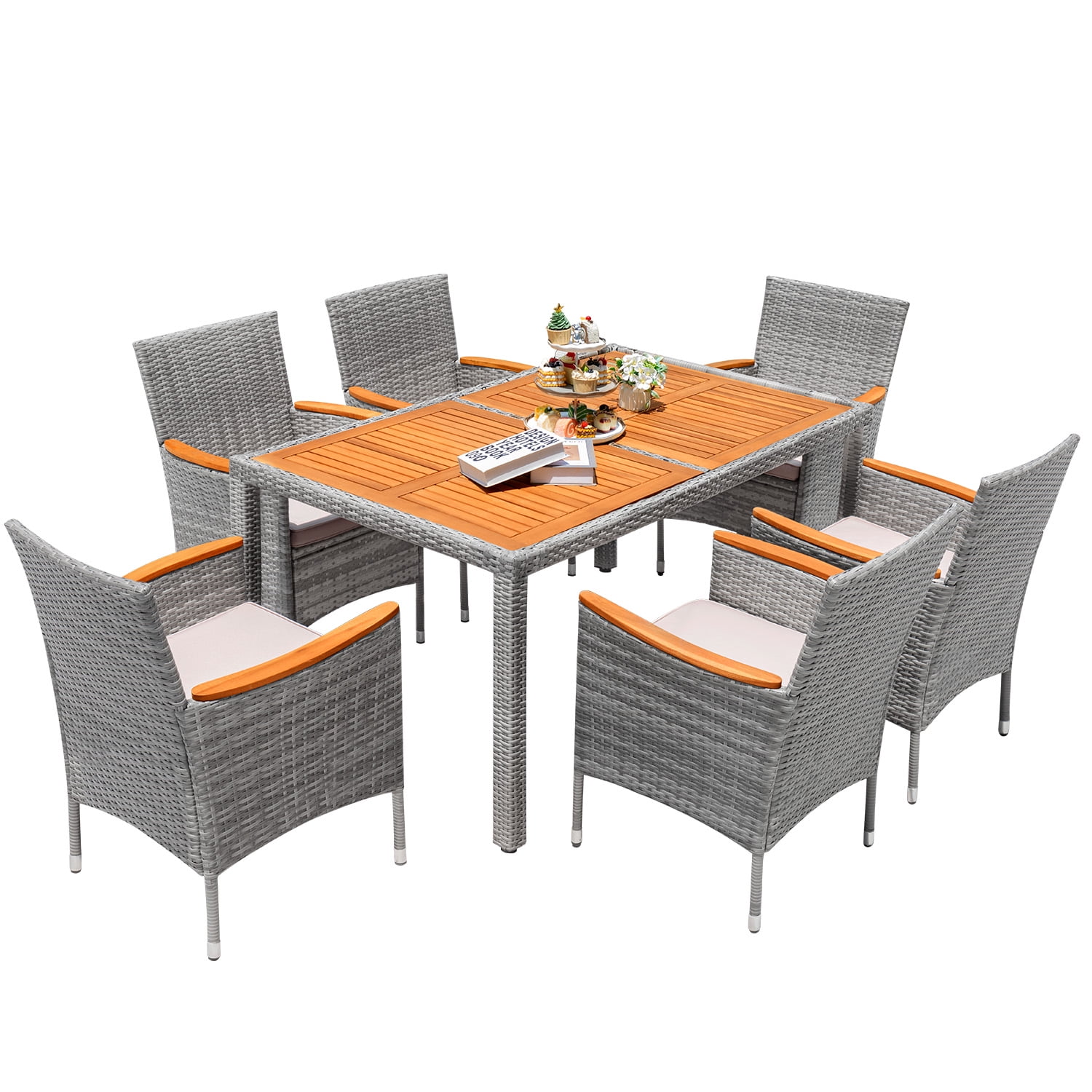 Homall 7-Piece Outdoor Patio Dining Set, Rattan Table & Chairs, Acacia ...