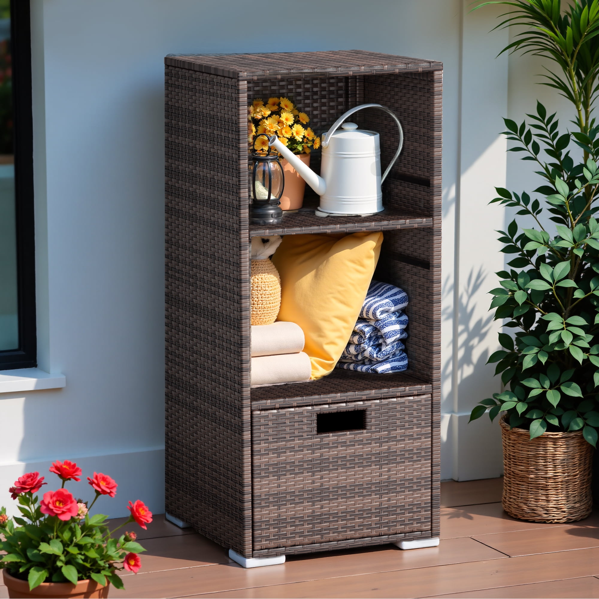 Homall Outdoor Rattan Storage Cabinet Patio Furniture Outside Vertical ...
